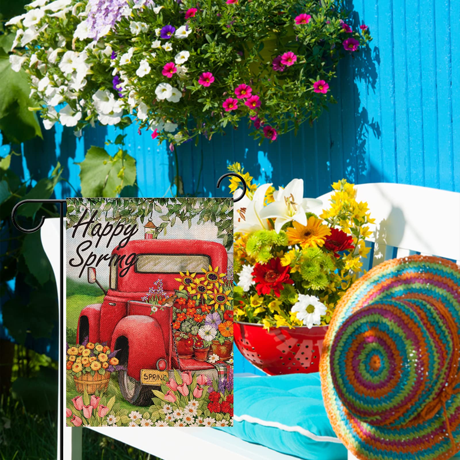 Furiaz Happy Spring Red Truck Small Garden Flag, Vintage Pickup Yard Outdoor Home Daisy Tulip Flowers Lawn Outside Decorations Double Sided 12x18