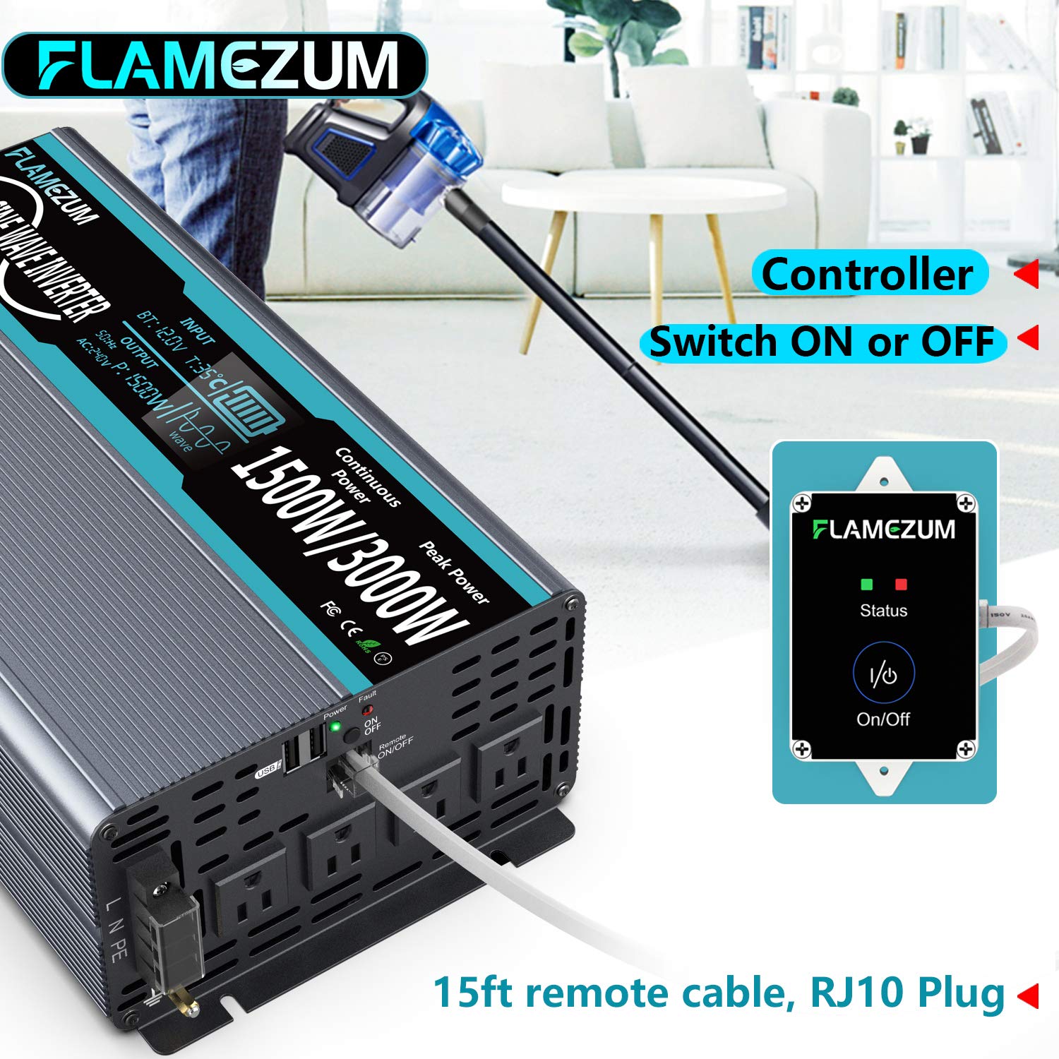 FLAMEZUM 1500W Pure Sine Wave Power Inverter DC 12v to AC 110v-120v Sump Pump Battery Backup System Peak Power 3000W with Remote Control LCD Display Sump Pump Battery Backup System