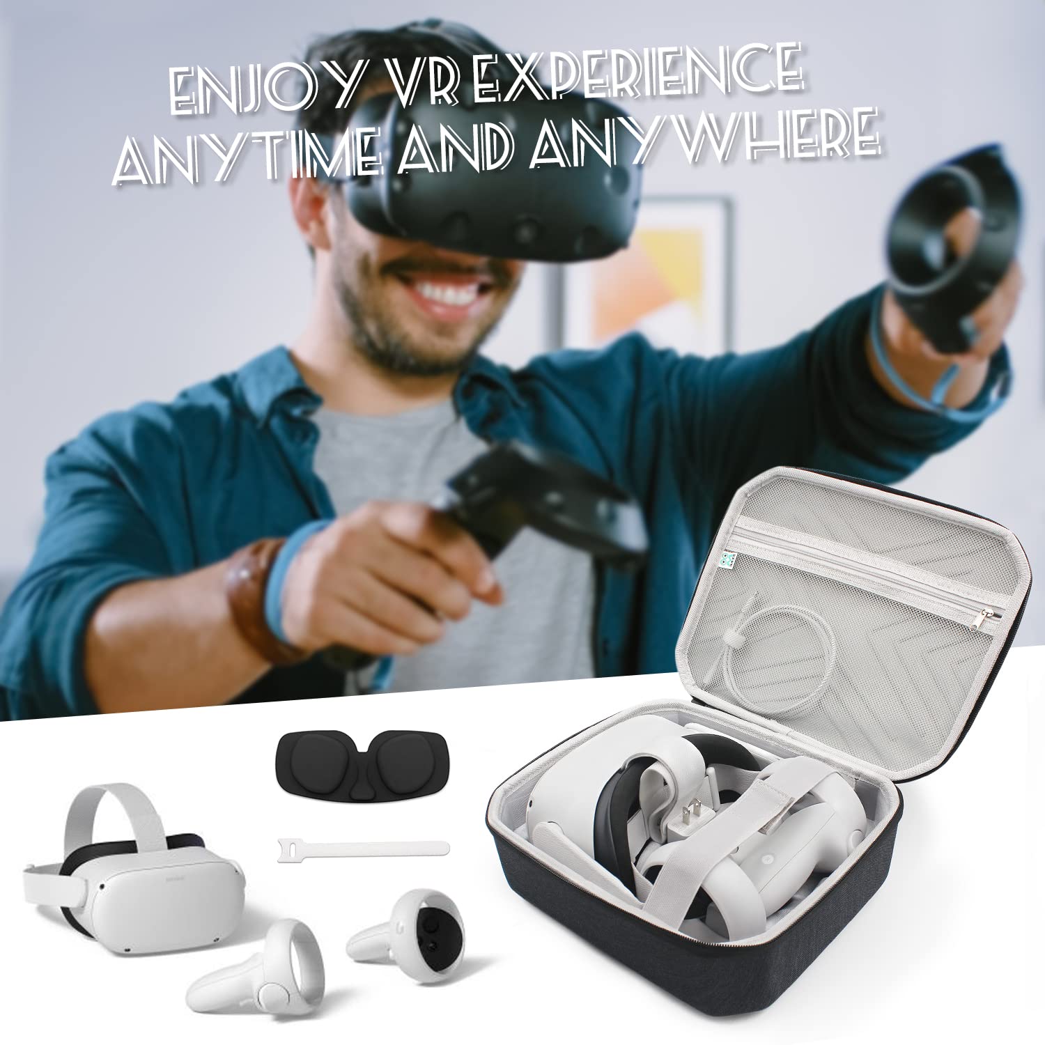 GOYERRNES Hard Carrying Case for Metal Oculus Quest 2 VR Gaming Headset, Original Head Strap Touch Controllers Accessories, EVA Hard Shell Bag for Travel and Storage (Size:10.82"x9.25"x4.72")