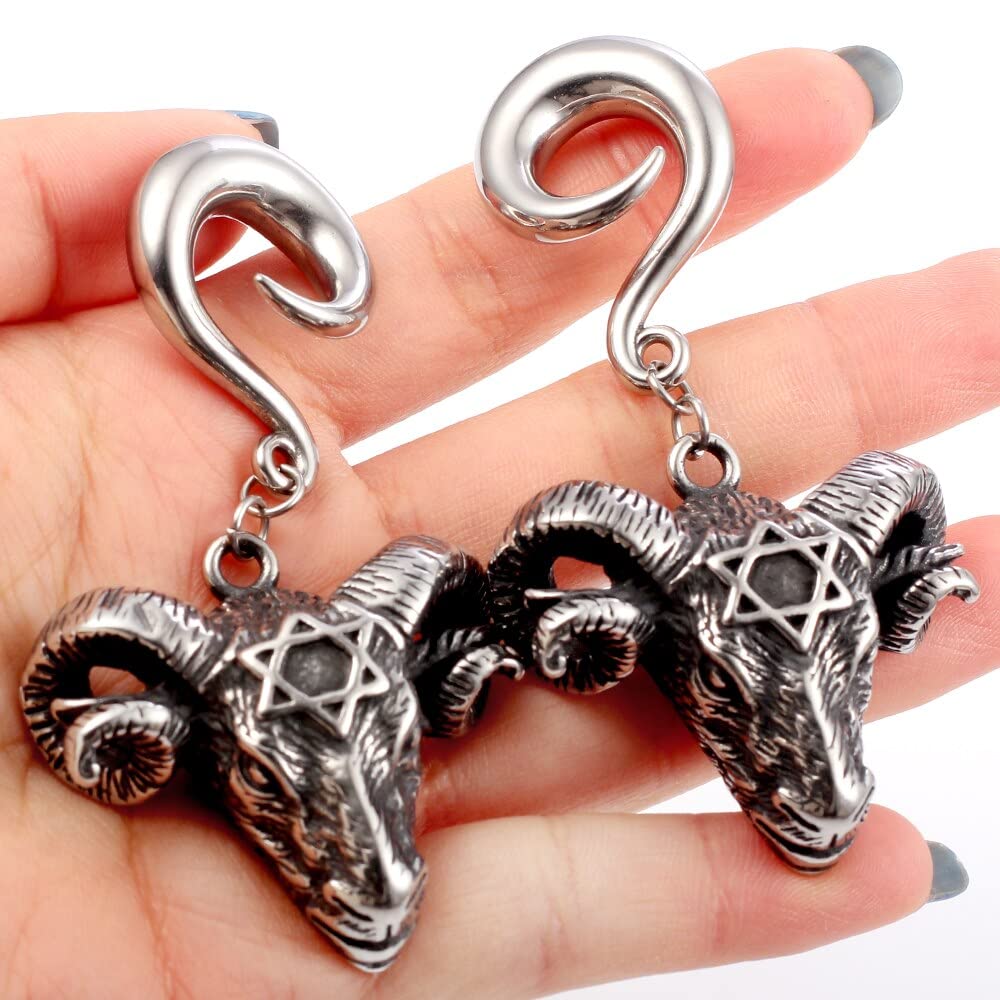 Earblity (8mm 0g Hook Plugs Ear Weight Bull Head Dangle Piercing Ear Gauges Silver Hypoallergenic 316 Stainless Steel Stretcher Body Jewelry 2PCS