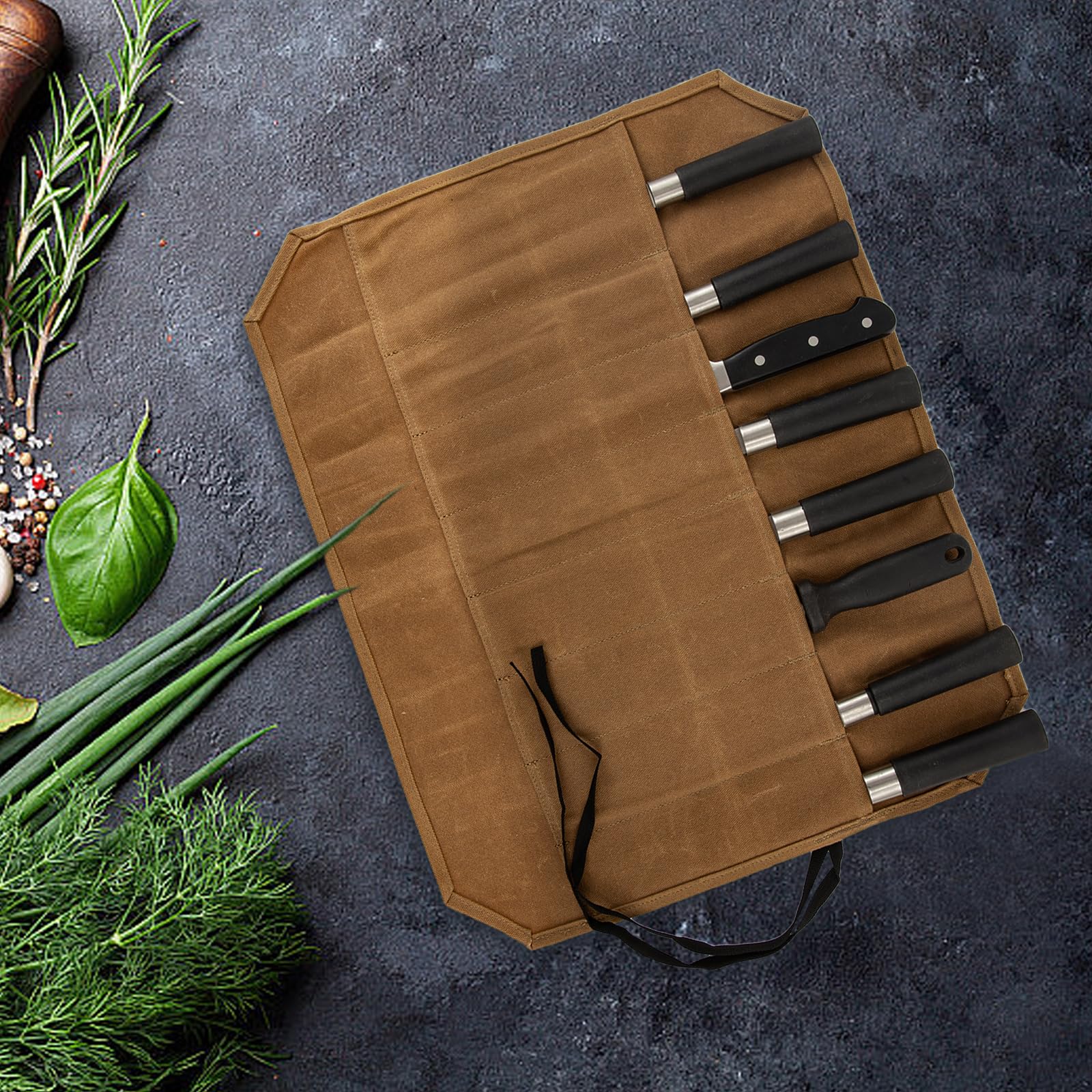 Knife Roll,Waxed Canvas Knife Bag,Heavy Duty Knife Case,Chef Knife Bag Roll with 8 Slots for Knives and Kitchen Tools,Knife Roll Bag For Chefs Culinary Traveling,Knives Pouch Holder Wrap (Khaki)