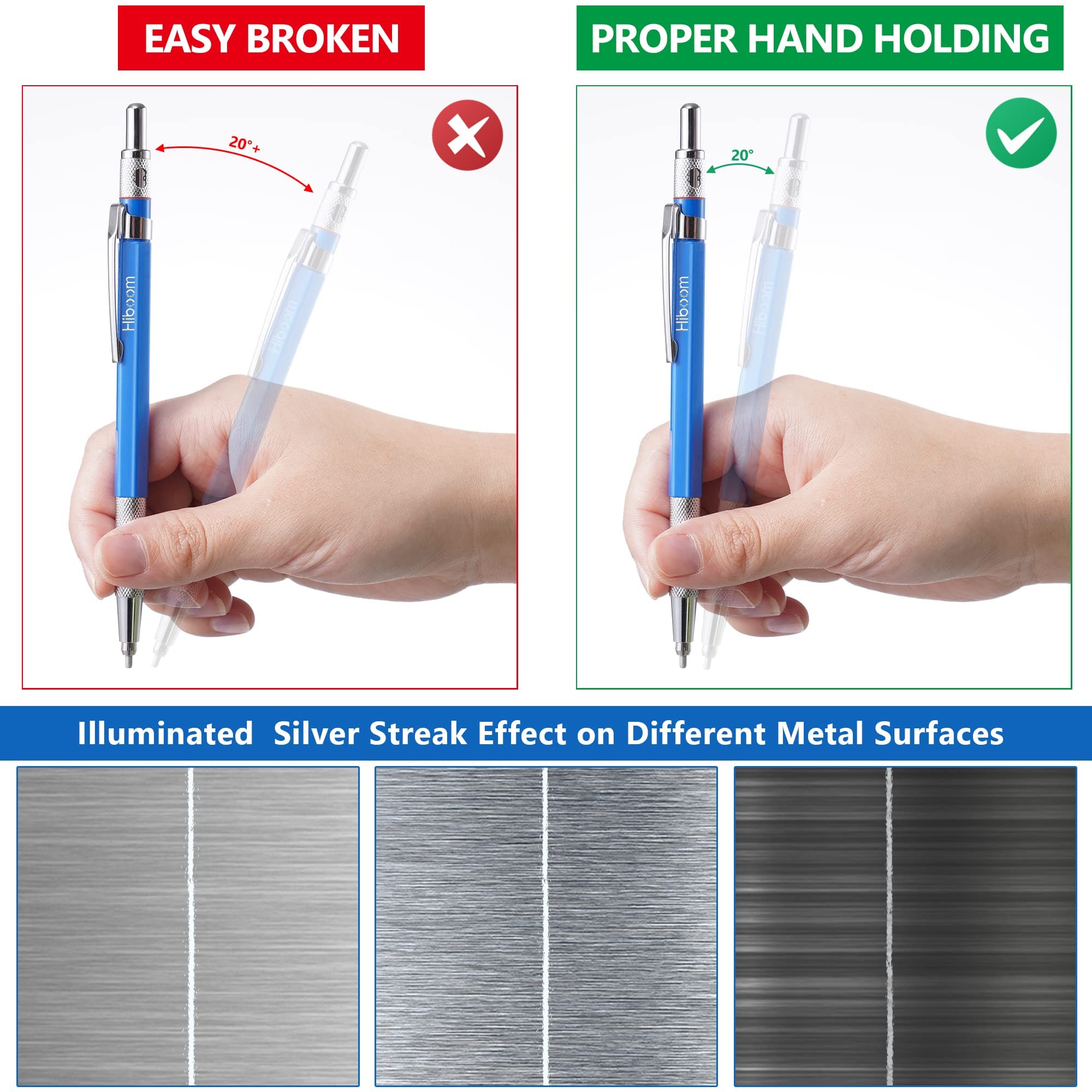 Hiboom Welders Pencil with 12 Pcs Silver Round Refills, Mechanical Pencils Metal Marker with Built-in Sharpener for Pipe Fitter Welder Steel Construction Fabrication Woodworking