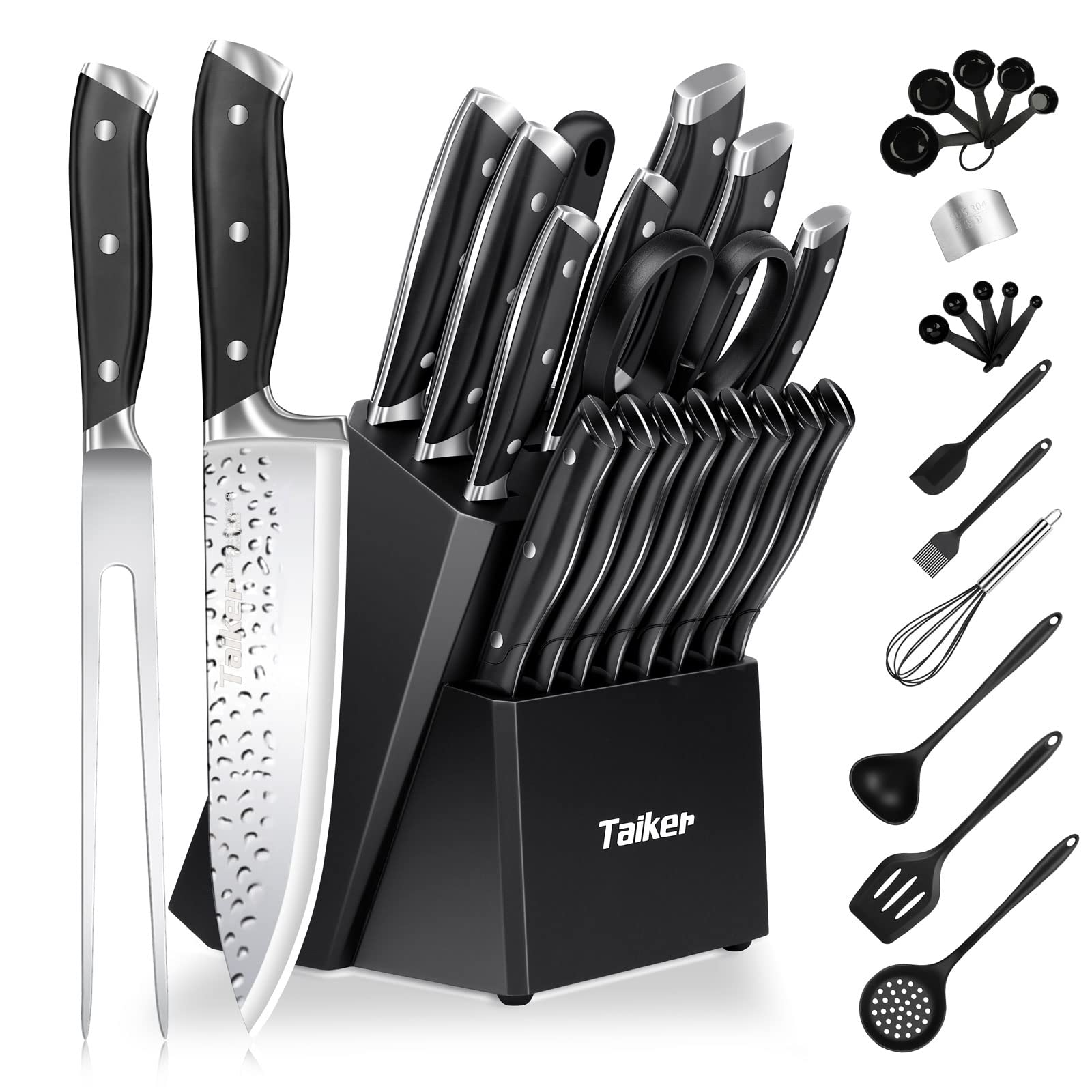 Knife Set for Kitchen with Block, 35Pcs High Carbon Stainless Steel Chef Knife Set Kitchen Knife Set and Silicone Kitchen Utensils Set, Knife Sharpener Rod Scissors Knives Set Ultra Sharp Easy-Grip