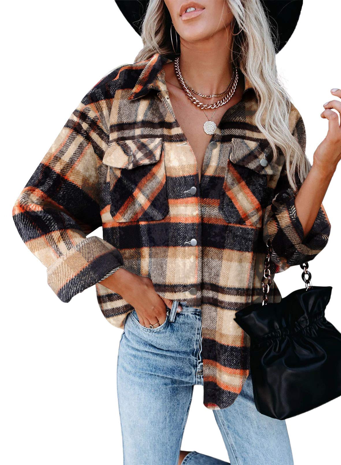 Dokotoo Women's Classic Plaid Button-Up Flannel Shirt - Long Sleeve, Soft, Loose, Office Jacket - Orange, L