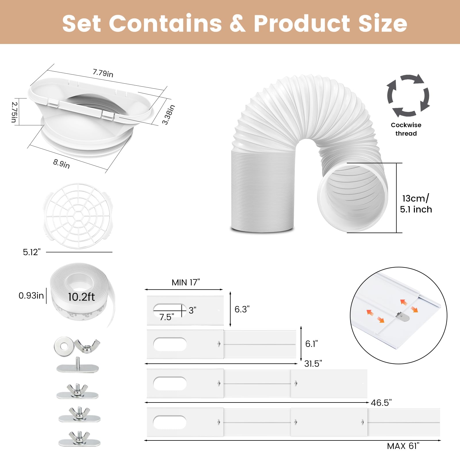 HIMONI Portable Air Conditioner Window Vent Kit, 78 Inch Exhaust Hose with 5.1 Inch Diameter, Adjustable 17-61"" Seal Plates, Seamless AC Vent Kit for Sliding Horizontal or Vertical Windows, White