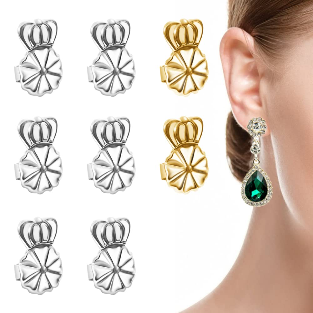 Earring Lifters Backs, 4 Pairs Secure Earring Backs for Droopy Ears, Hypoallergenic Adjustable Magic Earring Backs Tiara Earring Backs for Heavy Earring (3Silver, 1Gold)