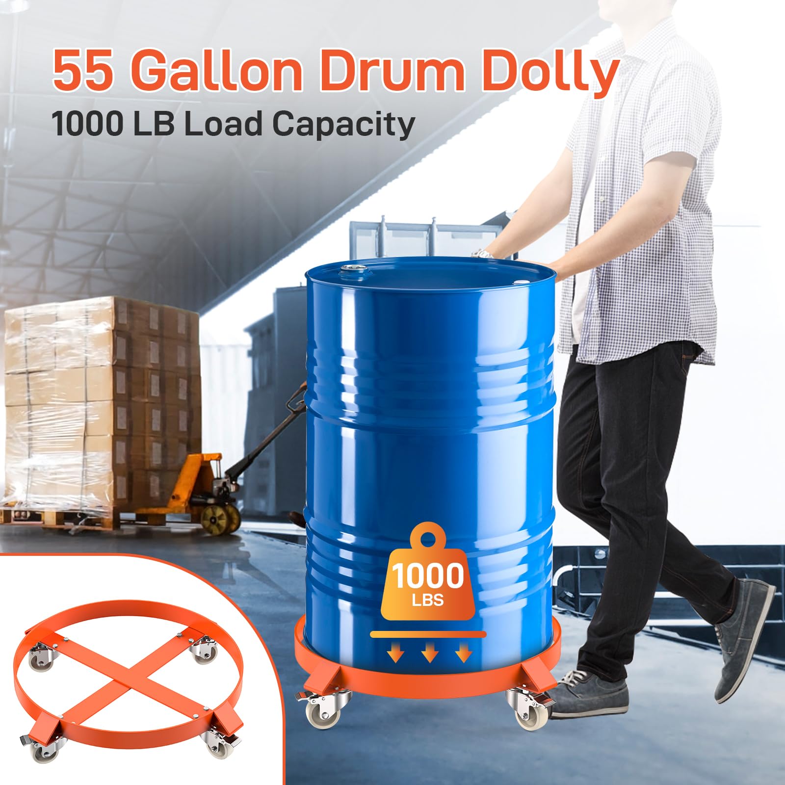 KYBOLT 55 Gallon Drum Dolly, 2 PCS Heavy Duty Barrel Dolly with Steel Frame 4 Swivel Casters Wheel, 1000 LBS Capacity, for Warehouse Drum Handling