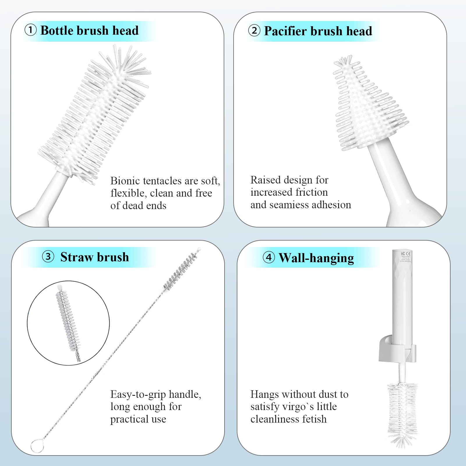 Electric Baby Bottle Brush, Rechargeable Cleaning Brush with Waterproof and Wall-Mounted Design, Silicone Bottle/Pacifier/Straw Brush, 360° Rotating Cleaning, for New Mom (White)