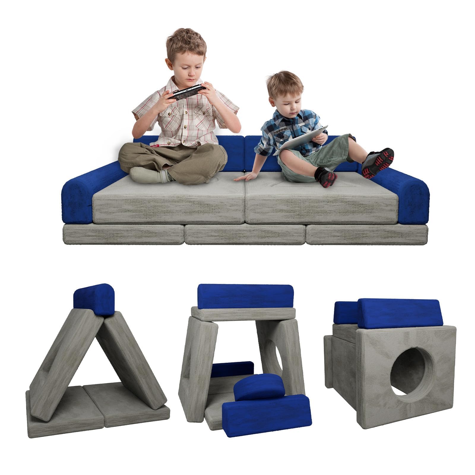 hoopyosms 11-Piece Modular Kids Play Couch Convertible Foam Sofa for Toddlers Indoor Playroom & Bedroom Fun Building Block Sofa (Grey and Blue)