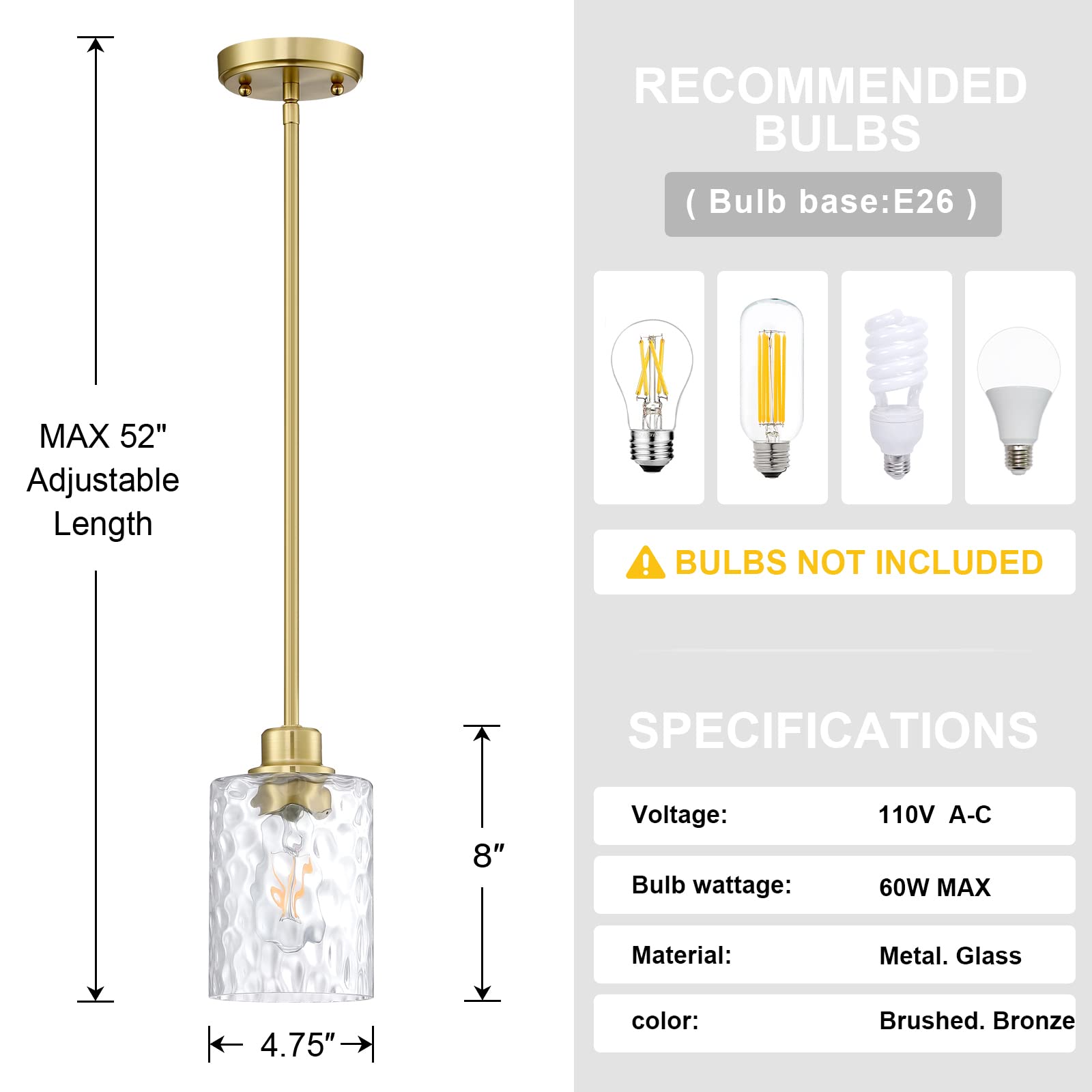 Dolaimi House 1 Light Modern Globe Pendant Light Brushed Nickel Finish Clear Hammer Glass Chandelier Shade, Adjustable Height Hanging Pendant Lighting Fixture for Kitchen Island, Dining Room