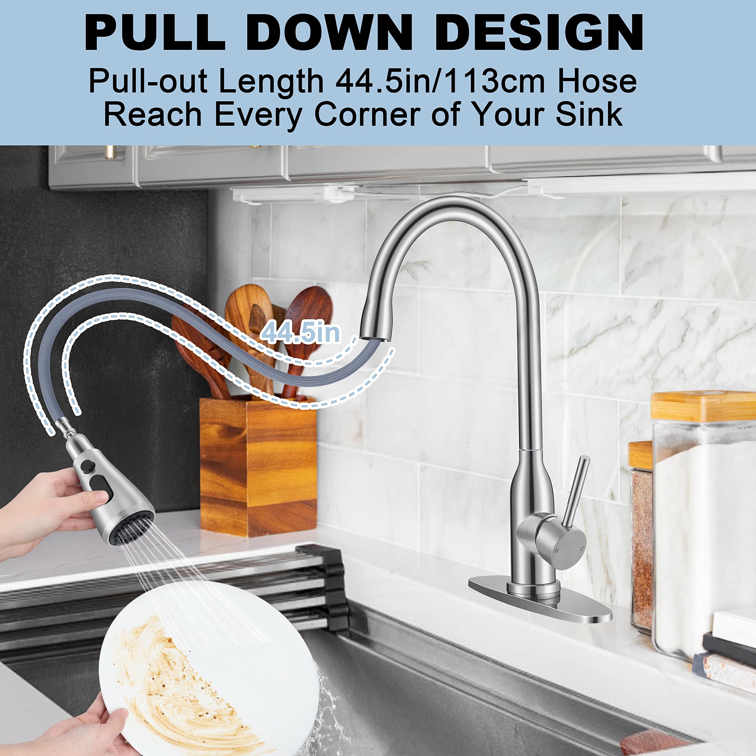 Homikit Kitchen Sink Faucet Brushed Nickel with Pull Down Sprayer, 304 Stainless Steel Kitchen Faucets with Deck Plate for 1 or 3 Hole, High Arc Commercial Faucet for Farmhouse Laundry Utility Rv Bar