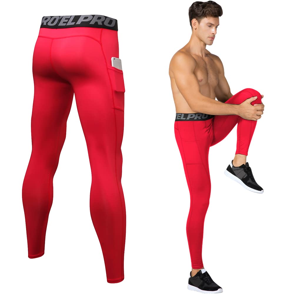 EARGFM Men's Athletic Compression Active Elastic Workout Running Cool Dry Base Layer Pockets Pants, 3 Pack #Red+white+black, Small