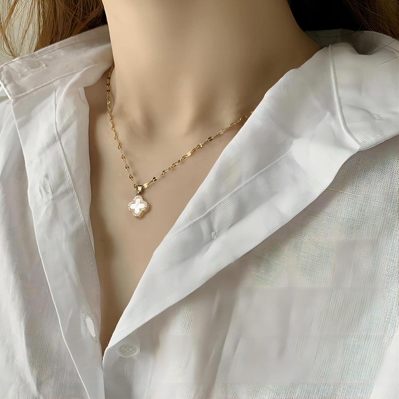 Fiklon Gold Clover Necklace For Women Lucky Black and White Leaf Clover Pendant Necklace Jewelry Double Side (Black White)