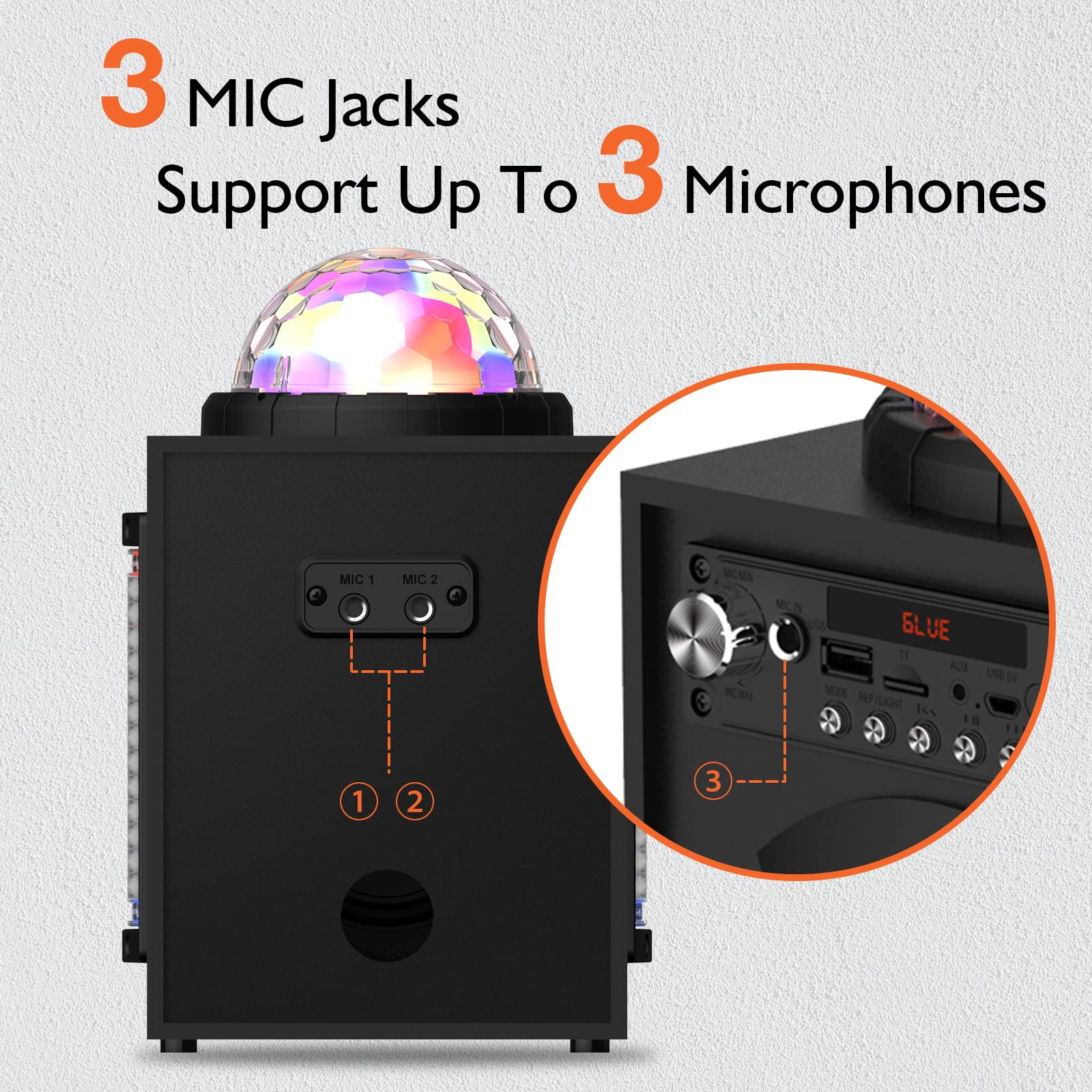 EARISE T12 PRO Karaoke Machine with 2 Microphones, Karaoke System with LED Lights, Portable PA System Bluetooth Speaker for Adults & Kids, 3 Microphone Inputs