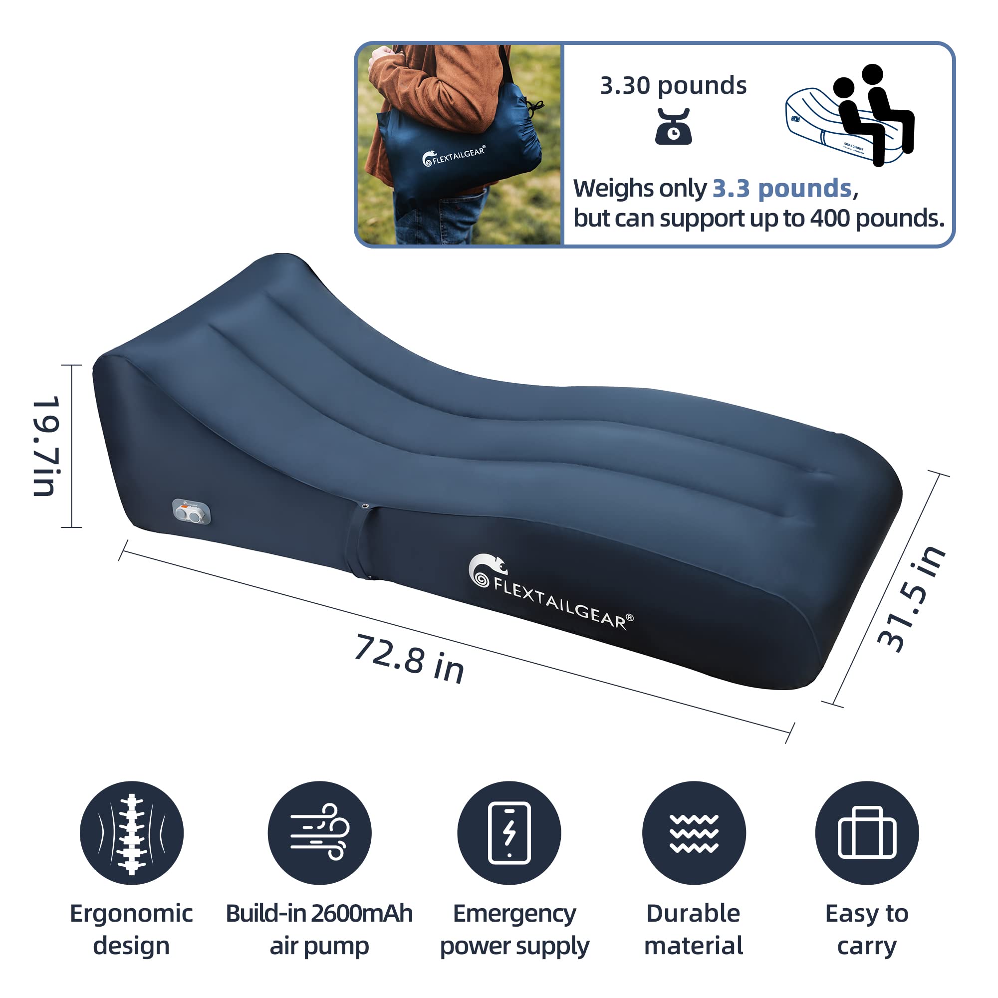 FLEXTAILGEAR Automatic Inflatable Couch, Portable Lounger Chair with Built in Pump, Ergonomic Design Blow Up Sofa Bed with Emergency Power Supply for Camping Beach Traveling Hiking Backyard