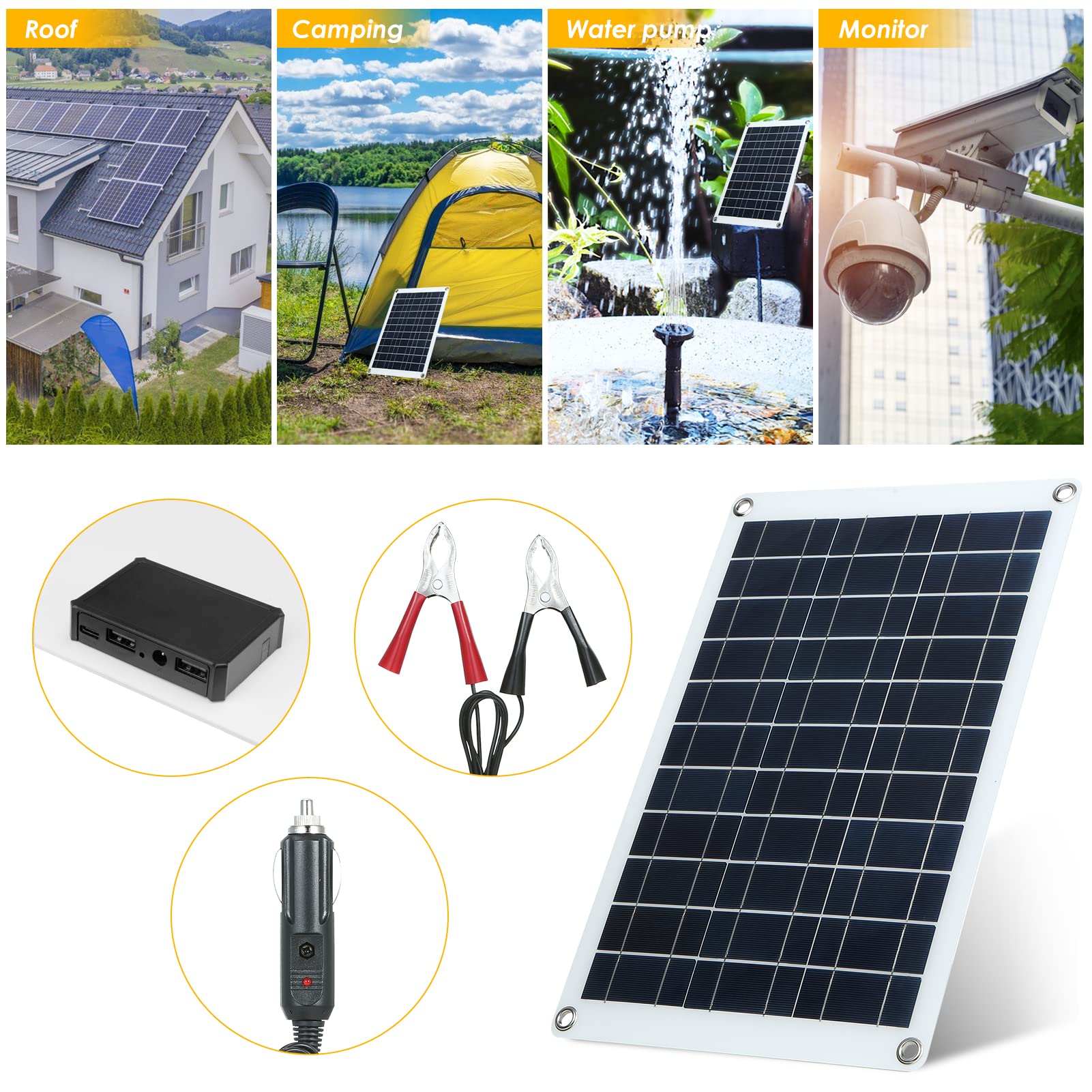 ERYUE 60W D C 5V/18V Flexible Solar Panel Kit, 60W D C 5V/18V Flexible Solar Panel Kit Set IP65 Water Resistance/D C Clip/ 1 * Car C-harger for Home Car Boat Indoor Outdoor Use Portable