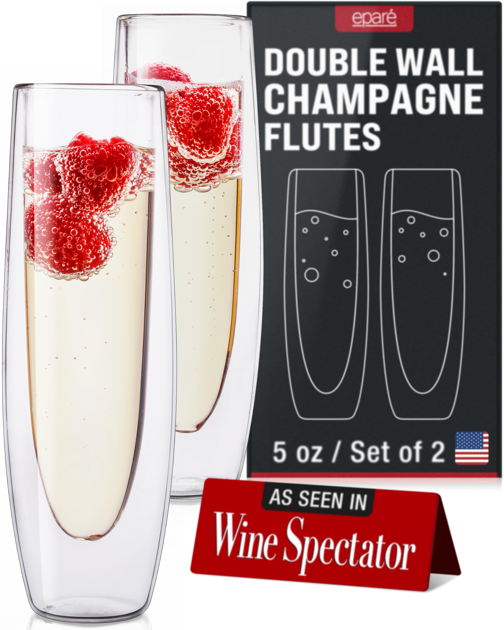 EparƩ Stemless Champagne Flutes Glass - Set of 2 Double Wall Mimosa Glasses - Lightweight & Easy to Hold Bridesmaid Champagne Flute - Prosecco Glasses for Bridal Shower