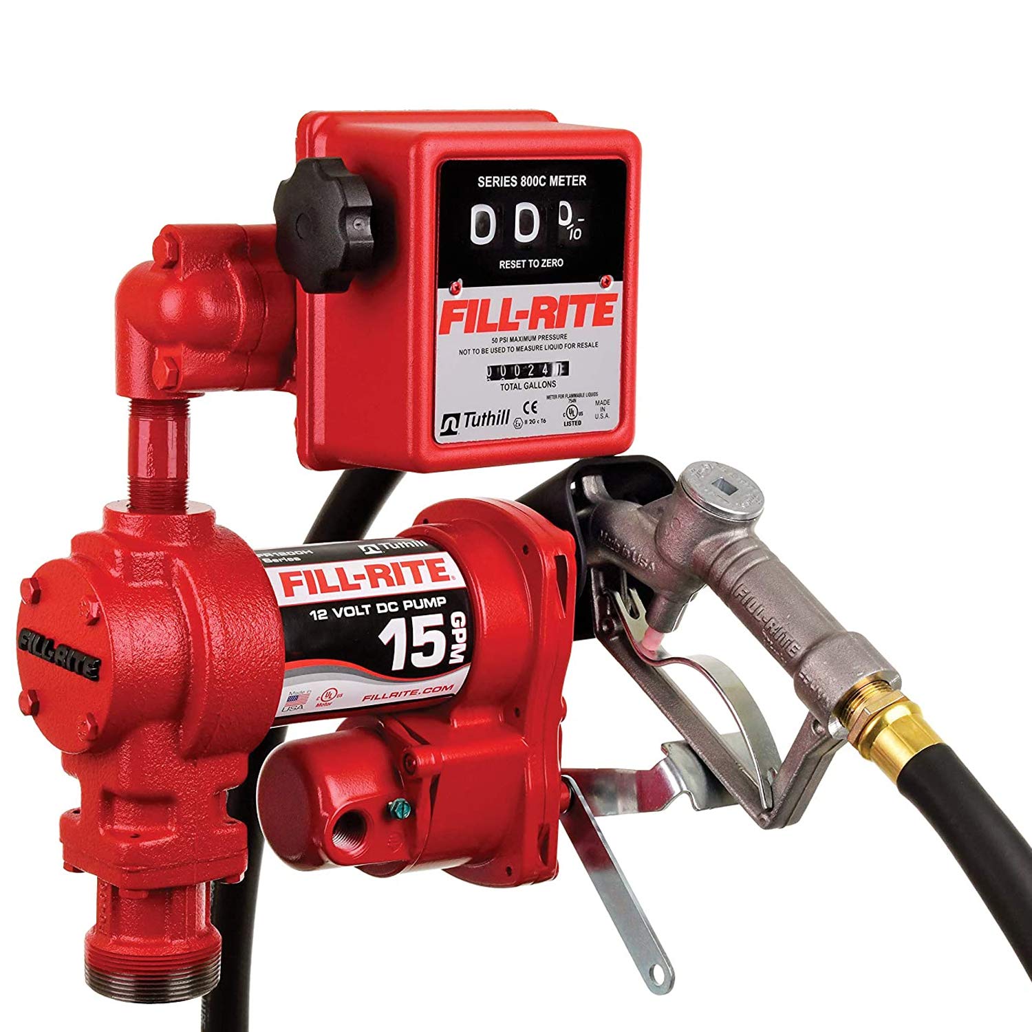 Fill-Rite FR1211H 12V 15 GPM Fuel Transfer Pump w/Standard Mechanical Meter Package (Gallons) & 1200KTF7018 18 GPM 10 Micron Particulate Filter Kit