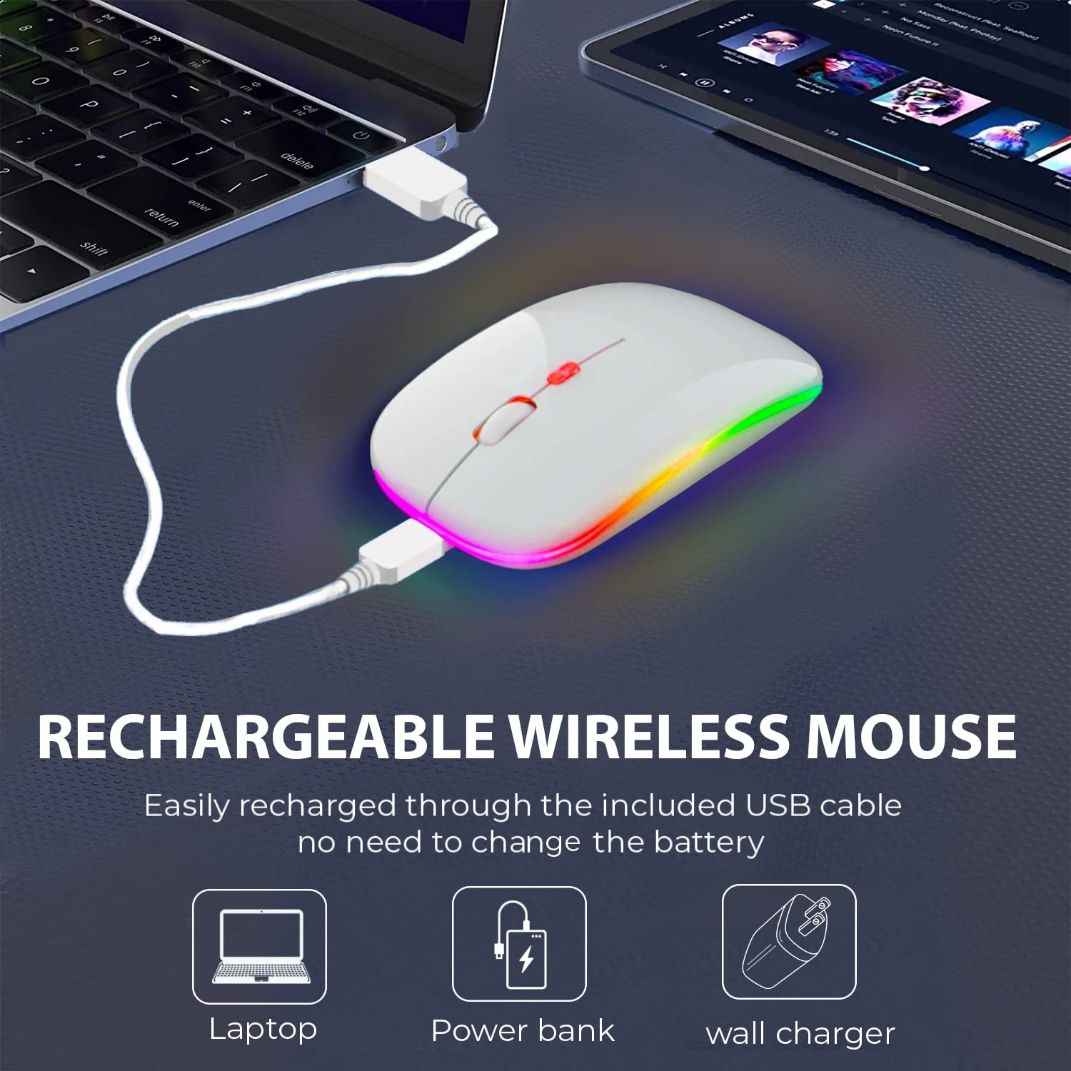 GLOBAL TECH LED Wireless Mouse, Slim Rechargeable Wireless Silent Mouse, 2.4G Portable USB Optical Wireless Cordless Mice with USB Receiver for Laptop, PC, Computer, Mac (White)