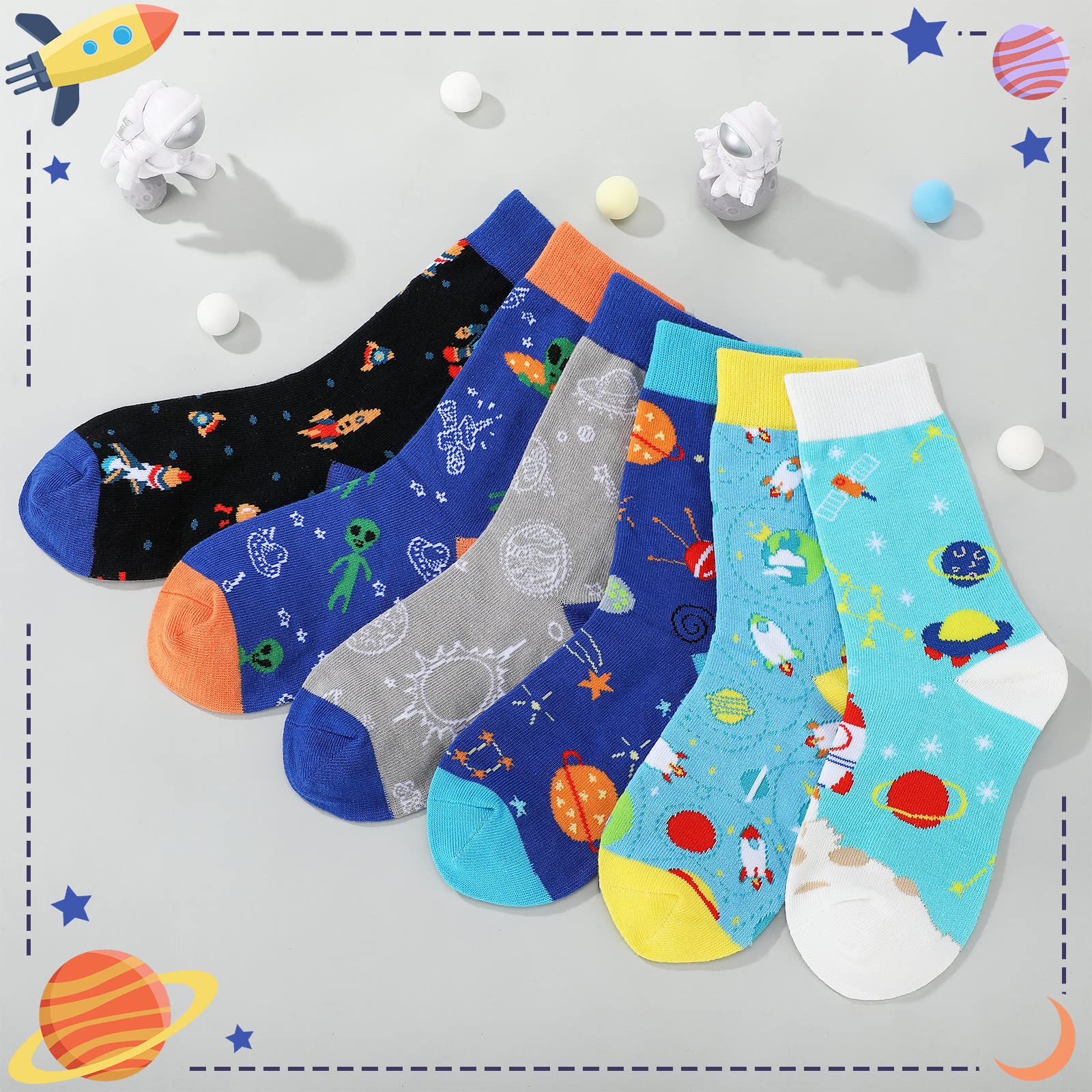 Eurzom 6 Pairs Novelty Socks for Boys Cotton Crew Socks Space Theme Boy Socks Holiday Gift