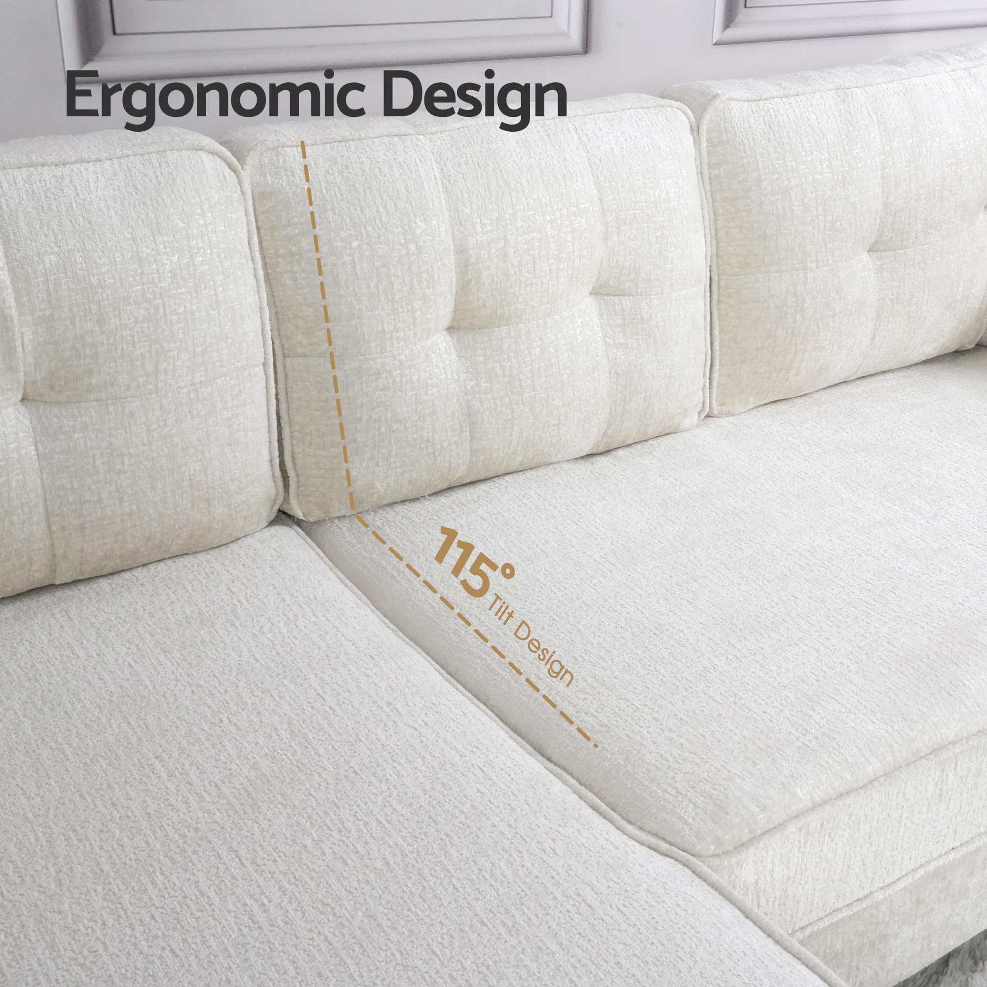 L Shaped Convertible Sectional Couch,82" Luxury Chenille 3-Seater Comfy Sofa With Reversible Chaise & Fluffy Armrests For Living Room Apartment Small Space Bedroom Office(Beige+Black legs,82")