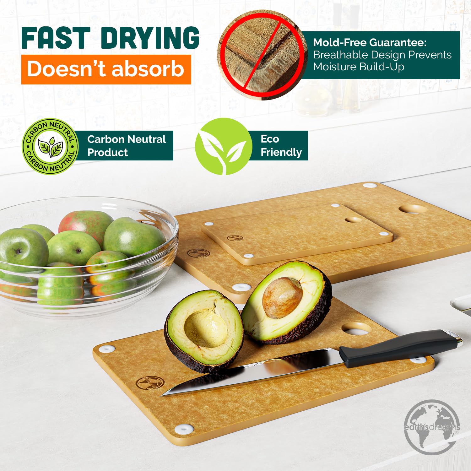 Earth's Dreams Wood Cutting Board Set - Heavy-Duty 3 Piece Cutting Board Set - Small, Large & Extra Large Cutting Board - Chacuterie Board - Best Non Plastic, Non Toxic Cutting Board - Dishwasher Safe
