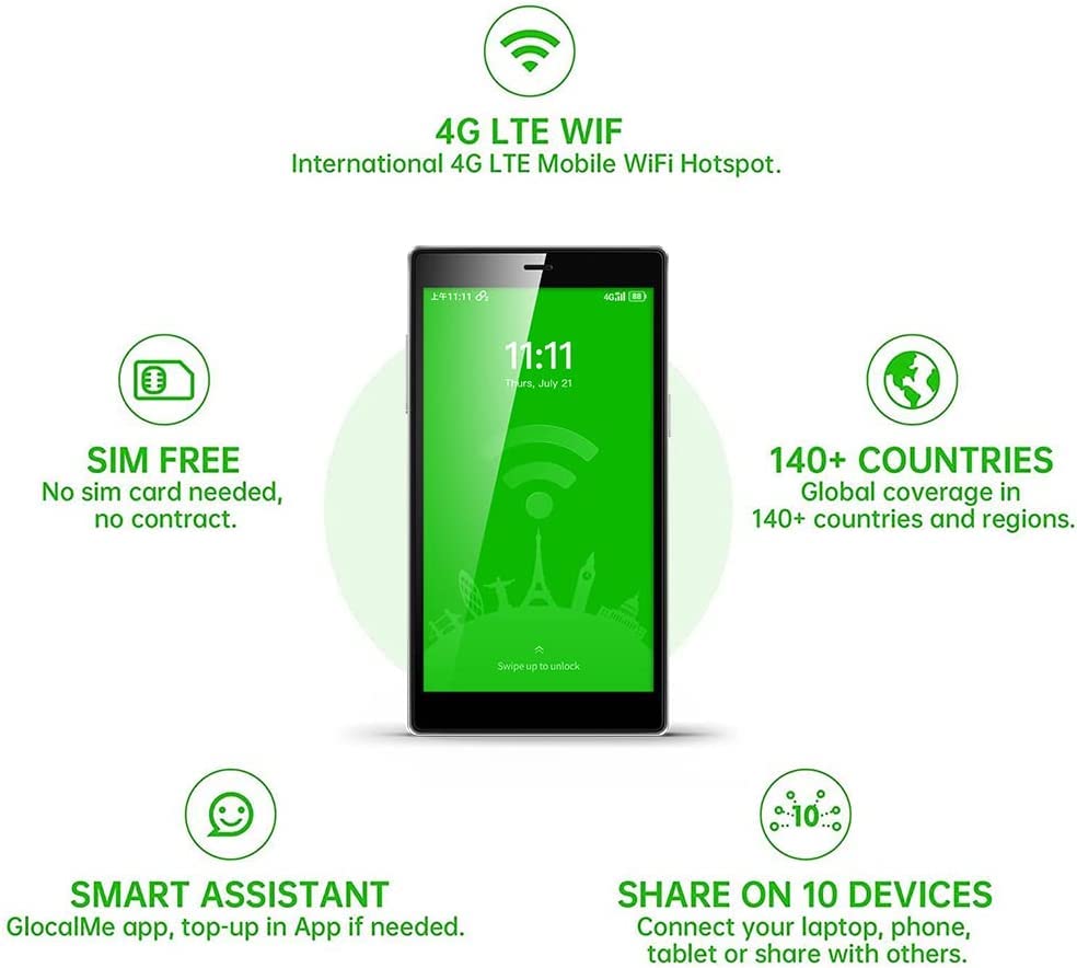 GlocalMe G4 Pro 4G LTE Mobile Hotspot Router & Protective Case, with US 8GB & Global 1.1GB Data, 5” Touch Screen LCD Display Portable WiFi Hotspot for Travel, No Contract, SIMFREE, Pocket WiFi Device