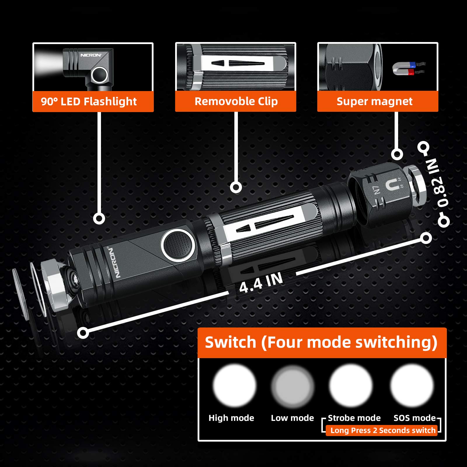 Flashlight, NICRON N7 600 Lumens Tactical Flashlight, 90 Degree Ip65 Waterproof Led Mini Flashlight 4 Modes- Best High Lumens Are For Camping, Outdoor, Hiking (Not including Batteries)Gift