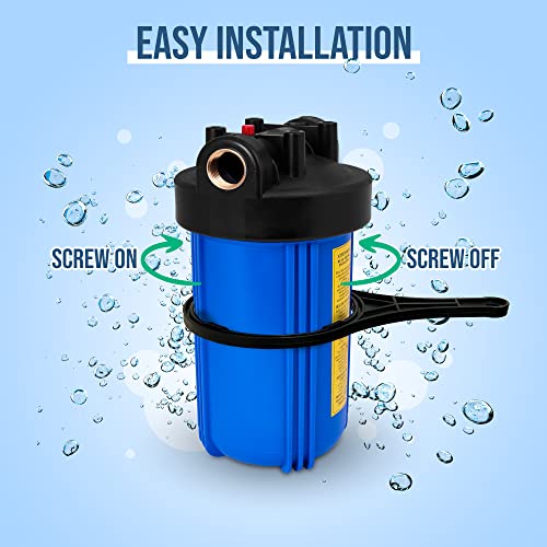 High Capacity 10 x 4.5-Inches Blue Whole House Water Filter Purifier System with Presser Relief Button, 1β Inlet/Outlet Brass Port & Yearly Supply (4) Polypropylene Sediment Cartridges 5 Micron