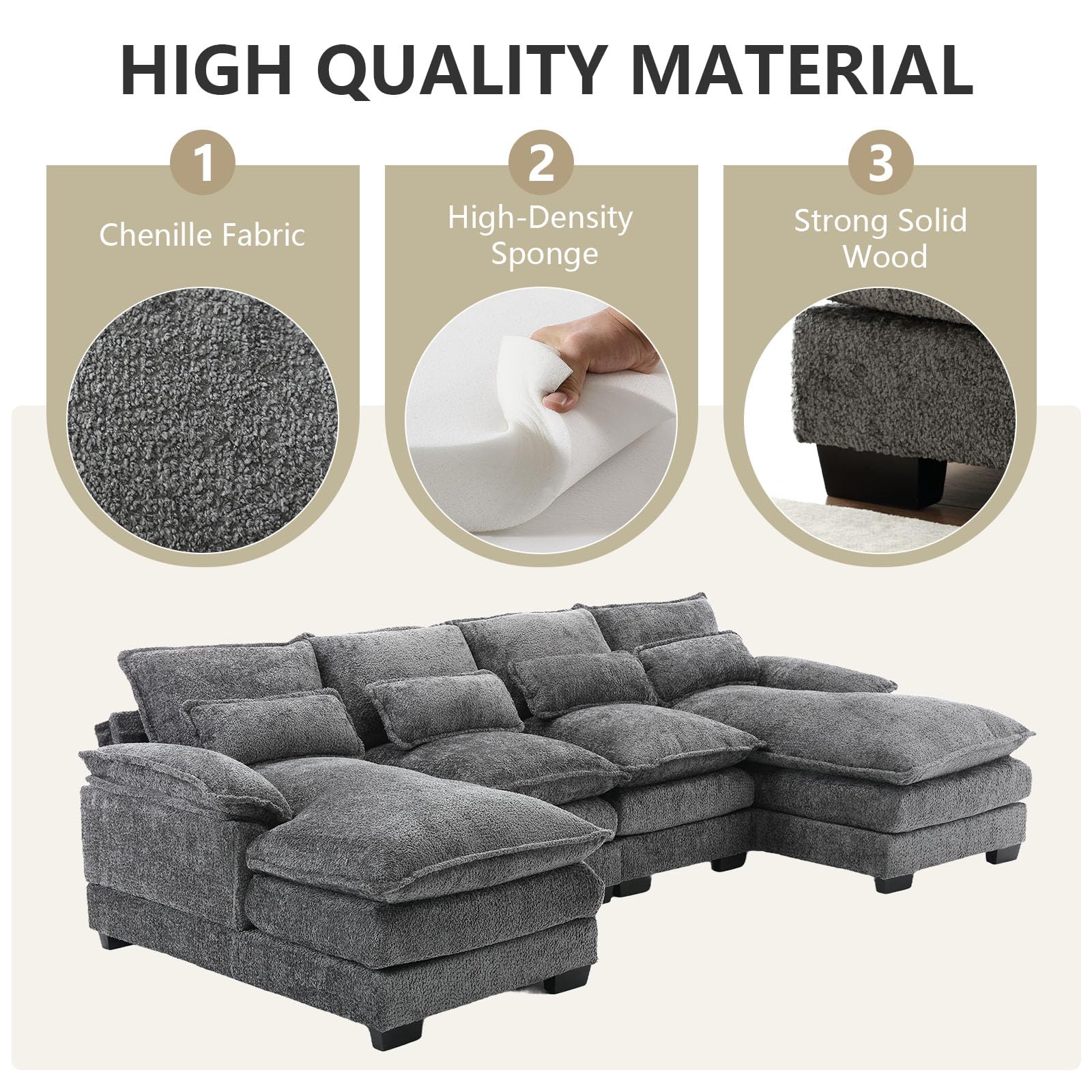 Lakifun Convertible Sectional Sofa, Chenille Fabric U Shaped Couch 4 Seat Sofa with Double Chaises for Living Room, Grey
