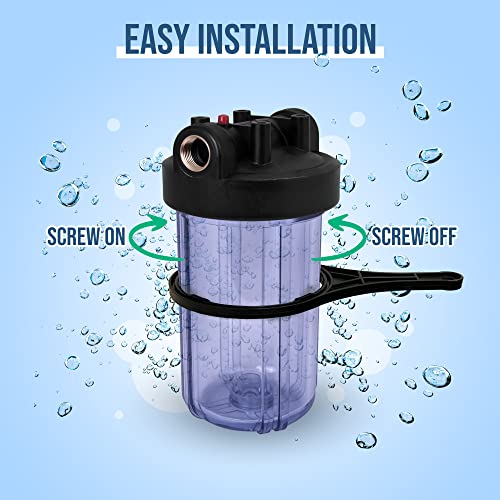 High Capacity 10 x 4.5-Inches Transparent Whole House Water Filter Purifier System with Presser Relief Button, 1β Inlet/Outlet Brass Port & Yearly Supply (4) Polypropylene Sediment Cartridges 5 Micron