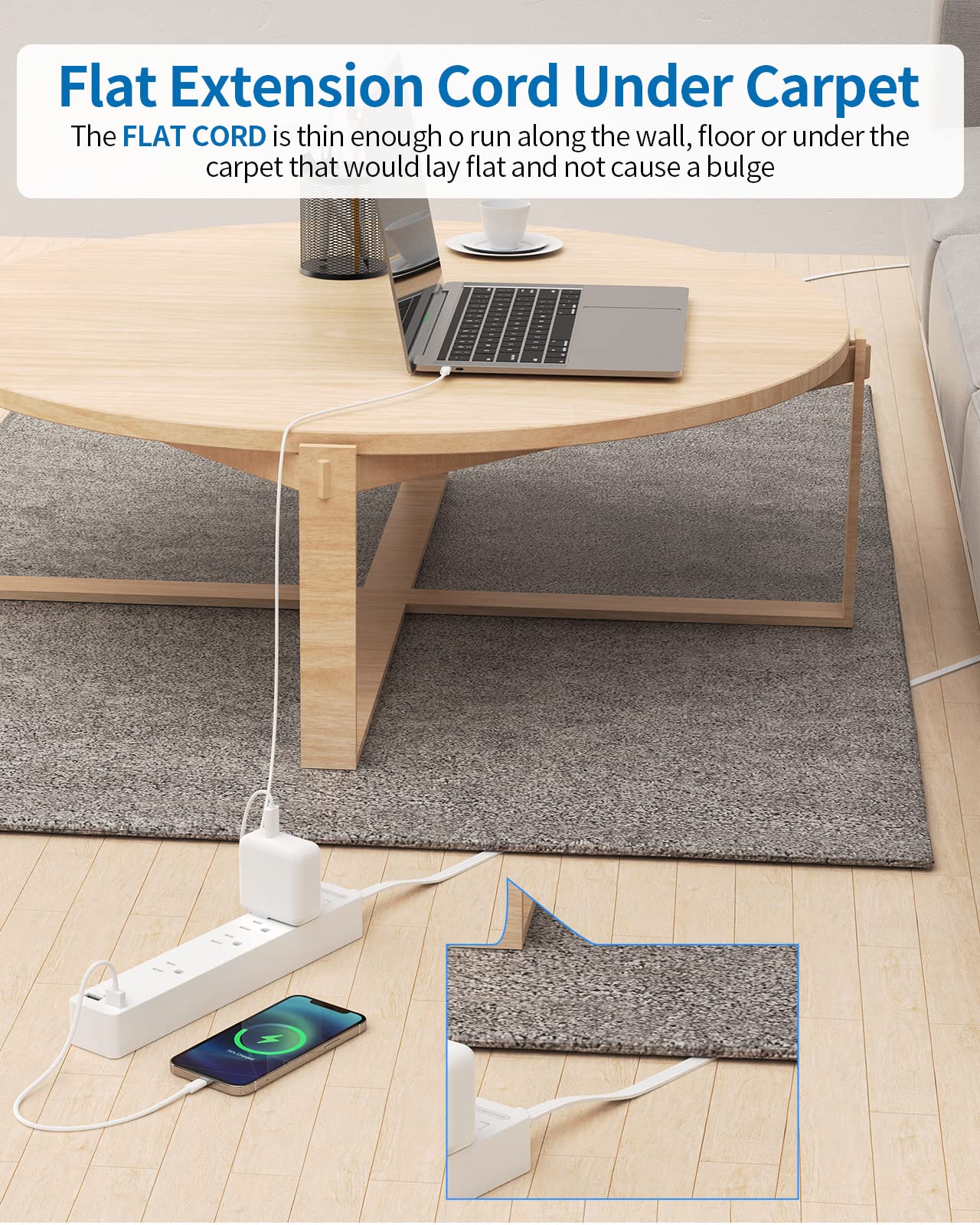 Flat Extension Cord 15 ft, NTONPOWER Ultra Thin Flat Extension Cord Under Carpet, Rug, Door, Wall Mount Power Strip Flat Plug with 4 Outlets 2 USB, Overload Protection for Home Office Indoor, White