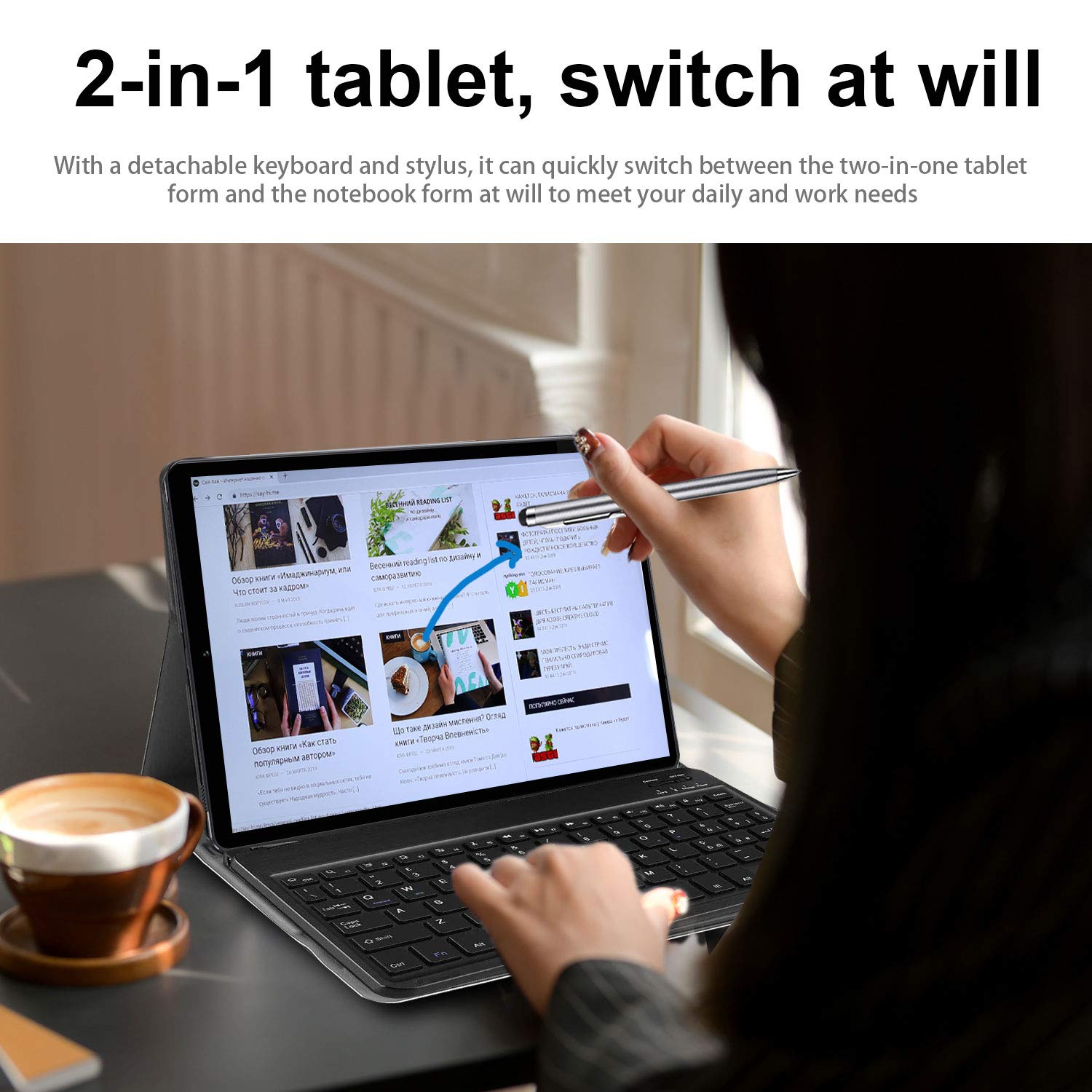DUODUOGO 2 in 1 Tablets, Android 9.0 Tablet PC with Wireless Keyboard Case, 4GB RAM 64GB ROM/128GB Computer Tablets, Quad Core, HD/IPS, 8000mAh, 13MP Dual Camera, Dual 4G SIM, WiFi
