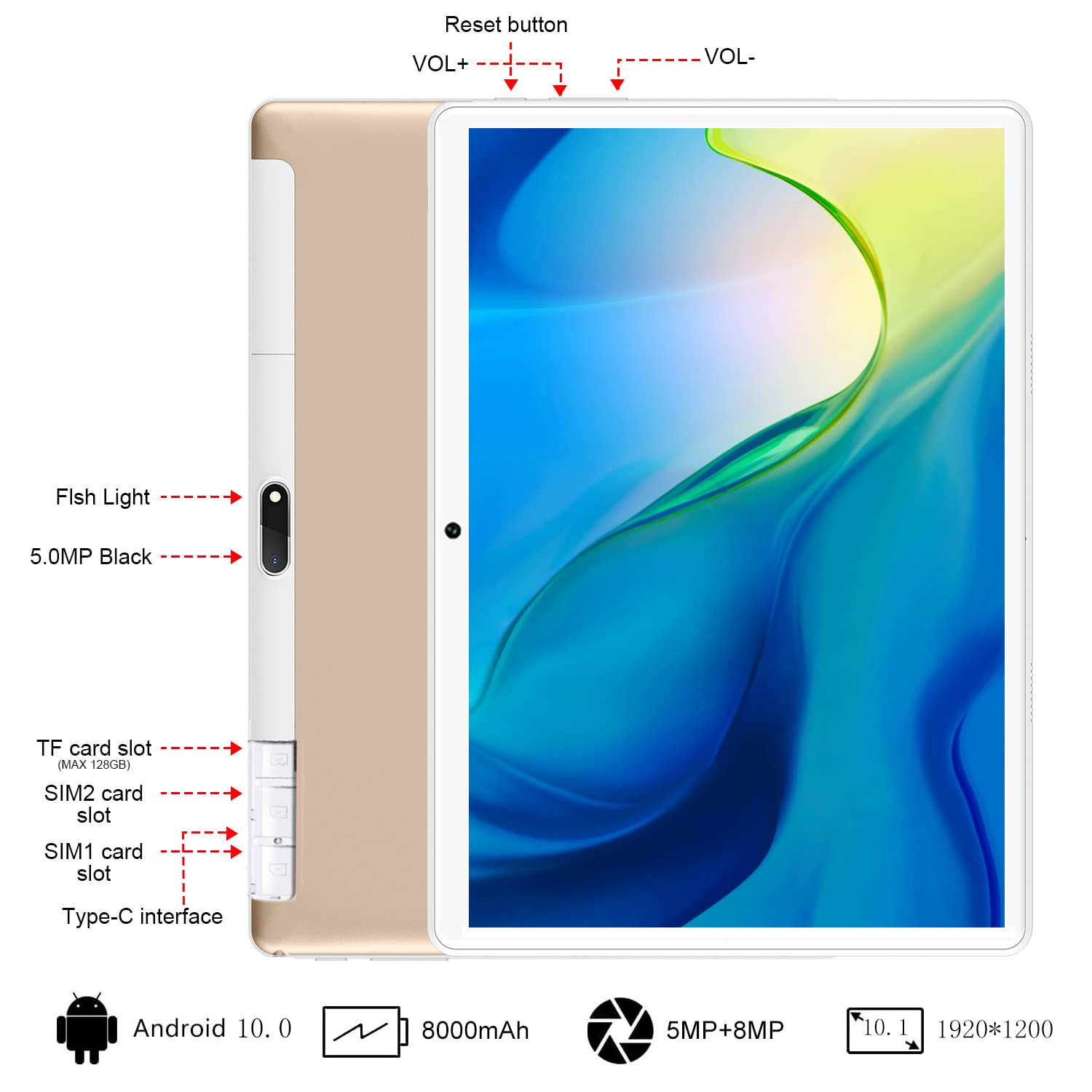 DUODUOGO Tablet 10 Inch Android 10 Tablets, 64GB ROM 128GB Expand,2 in 1 Tablet, Dual 4G Cellular Tablet with Keyboard, 8000mah, 5MP+8MP Camera, Bluetooth,GPS,IPS HD Screen,Wi-Fi Computer Tablet