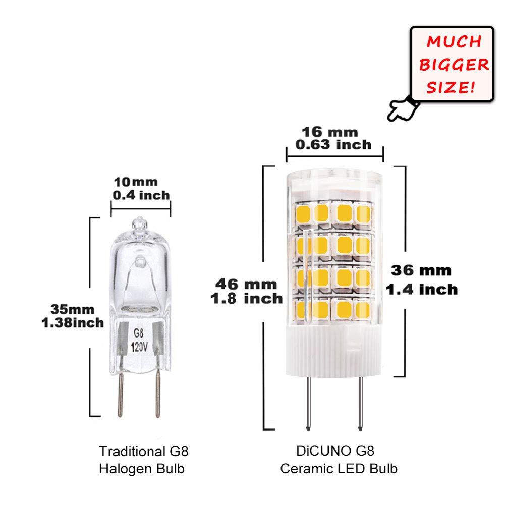 DiCUNO G8 LED Bulb, 4W Daylight White 6000k, Under Cabinet Counter Light, 40W Equivalent Halogen Replacement, 10Pcs, Note: Must Check Size Before Purchase (See Picture 2&3)