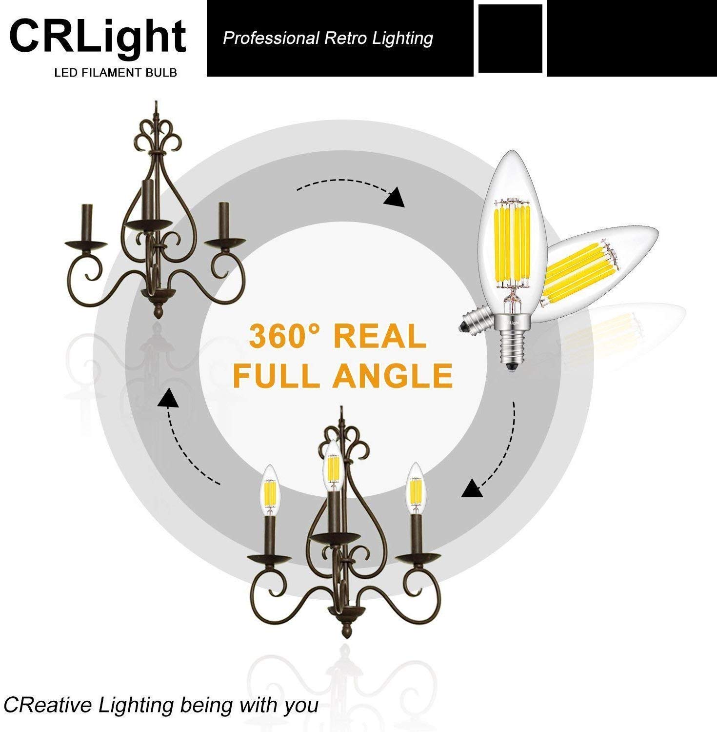 CRLight 6W LED Candelabra Bulb 4000K Daylight White, 70W Equivalent 700LM Dimmable, E12 Vintage Edison Clear Glass B10 Candle Torpedo Shape Bullet Top LED Chandelier Light Bulbs, Pack of 6