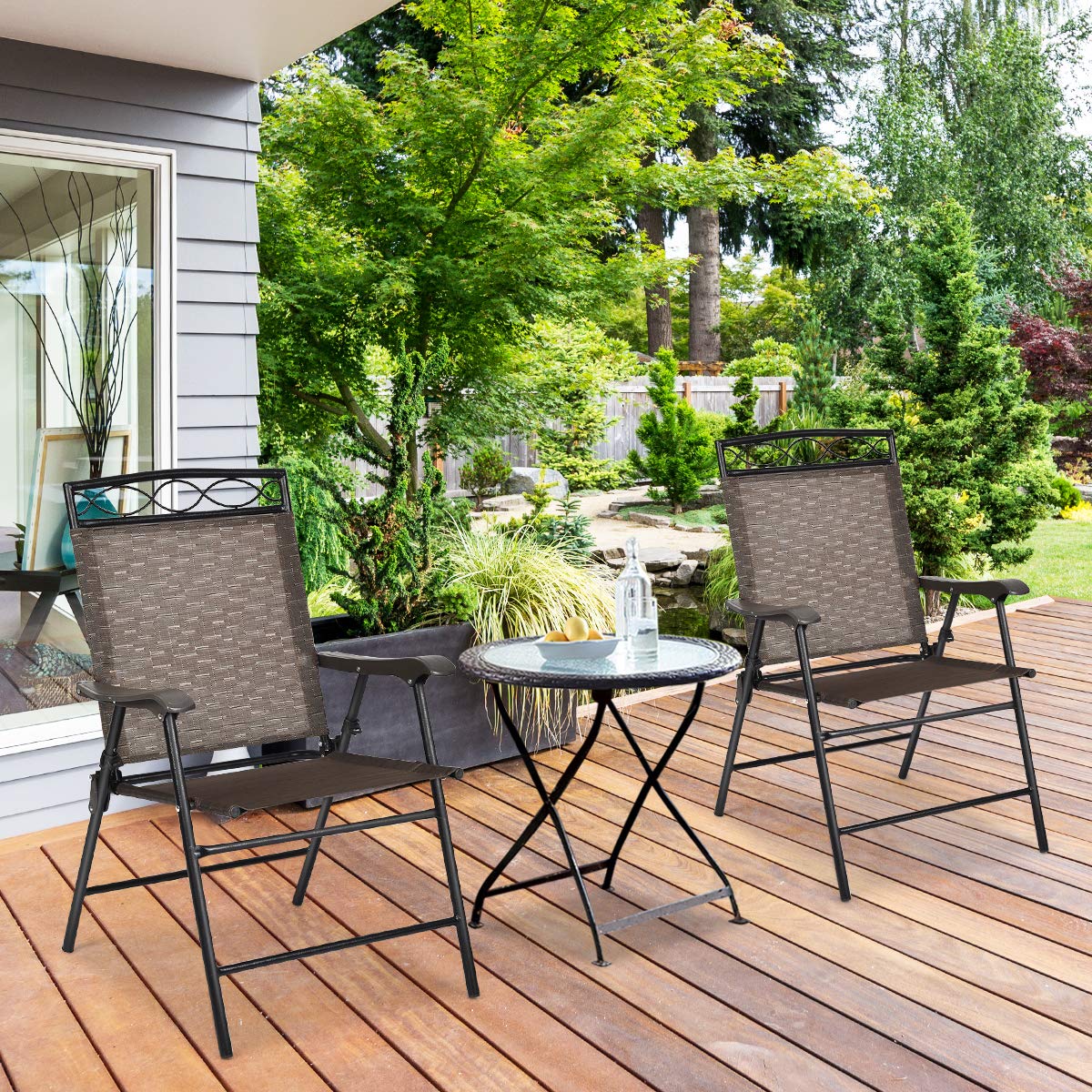 Giantex Set of 2 Patio Chairs, Outdoor Folding Lawn Chairs for Beach, Backyard, Deck, Patio Dining Chairs, Sling Chairs with Armrest and Metal Frame, Folding Camping Chairs (Brown)
