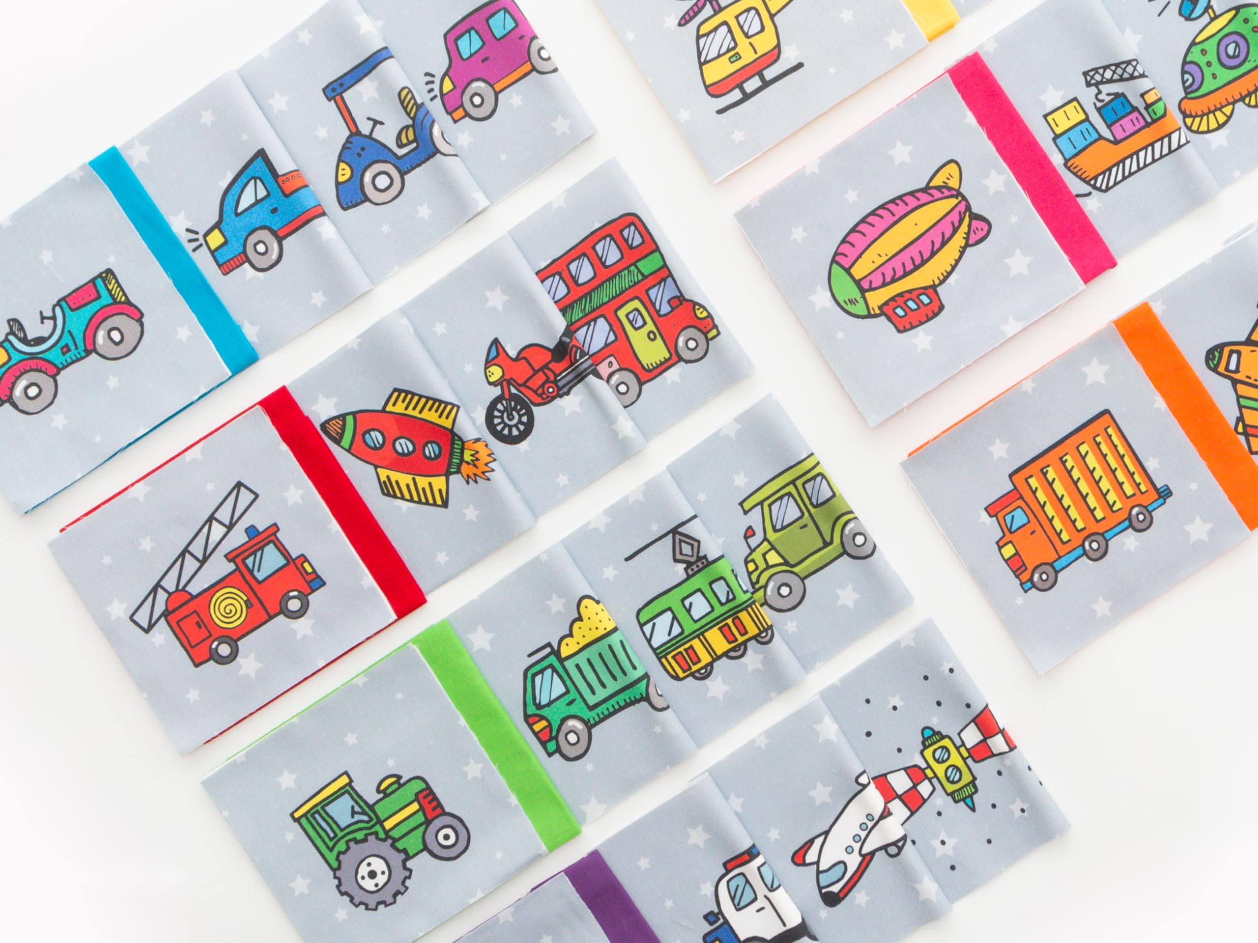 Lalikul Fabric Transport & Vehicles, 100% Cotton Charm Packs, 42 Different Motifs, Fat Quarters, Ideal for Quilts, Sewing, Blankets, I Spy Games for Kids, 5" x 5" Squares.