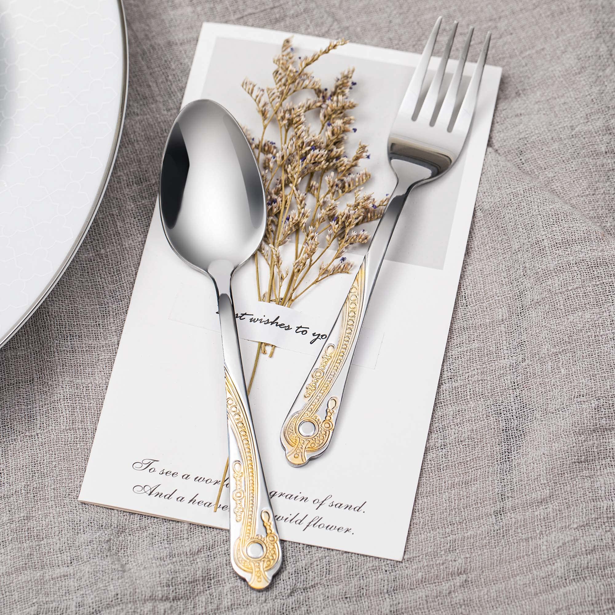 Gold Silverware Set, 20 Piece Stainless Steel Golden Flatware Set for 4, Silver Tableware Set with 24K Gold-Plated Trim, Eating Utensils, Great for Family Gatherings & Daily Use(Prestige)
