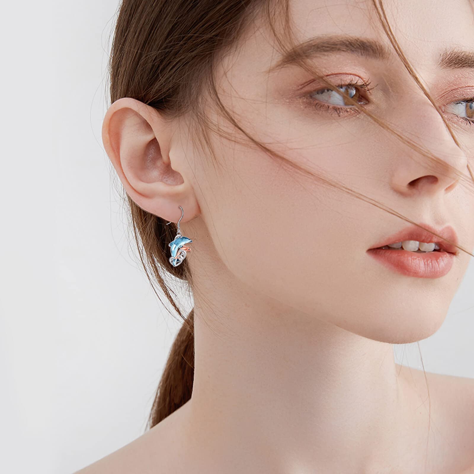 CRMAD Dolphin Earrings for Women Sterling Silver Crystal Dangle Drop Earrings (rose gold)