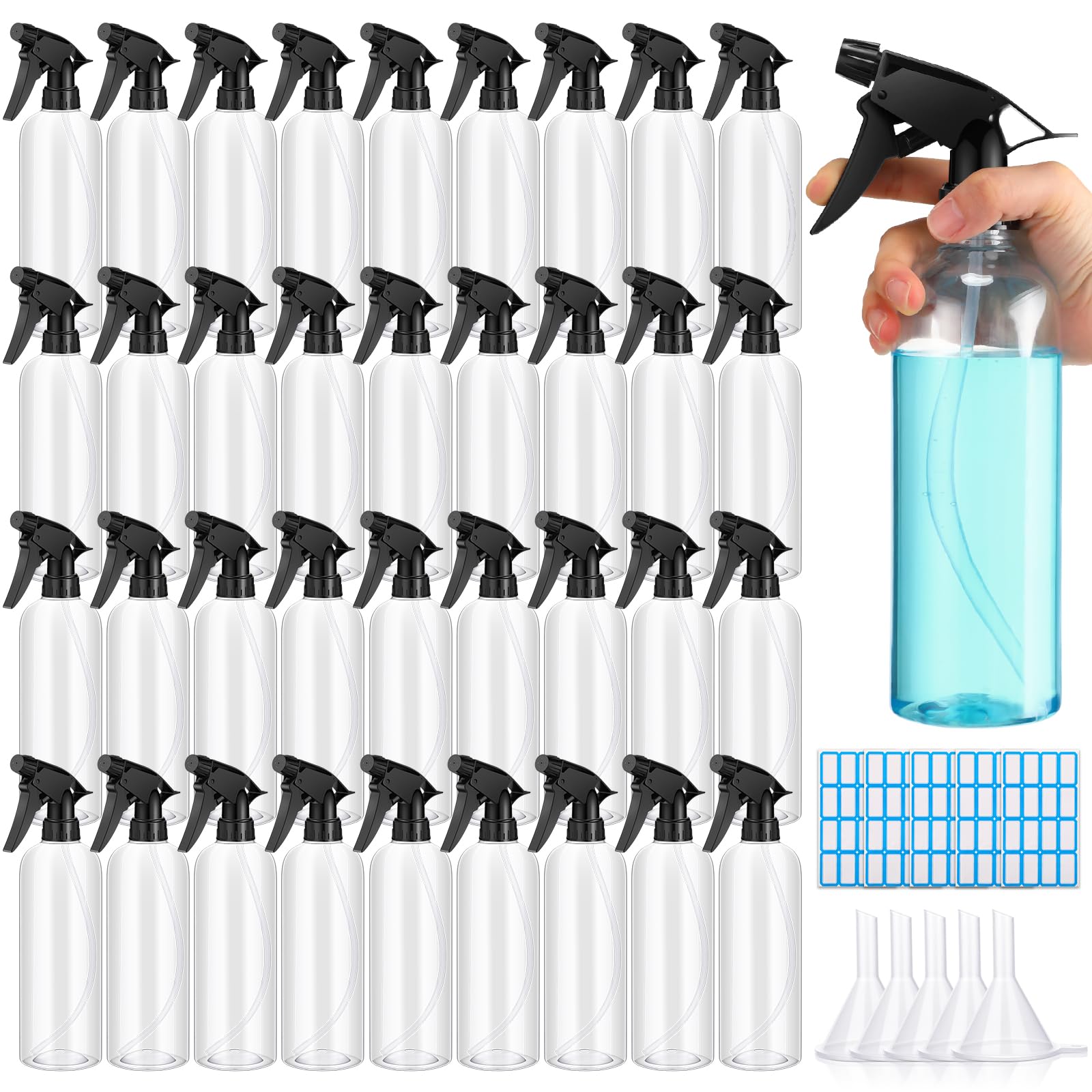 Lallisa 36 Pcs 16 oz Plastic Spray Bottles Leak Proof Empty Bottles for Cleaning Solutions Water Sprayer Bottle with Nozzle Mist, Labels and Handle Funnel for Auto Details, Bathroom, Kitchen, Planting