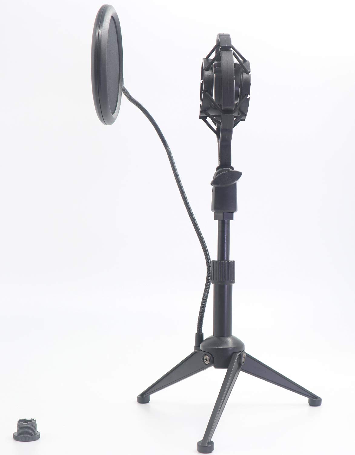 Desktop Microphone Tripod Suspension Stand with Shock Mount Anti-Vibration Mic Holder and 4" Round Mask Shield Double-Net Wind Screen Pop Filter (Large, Black)