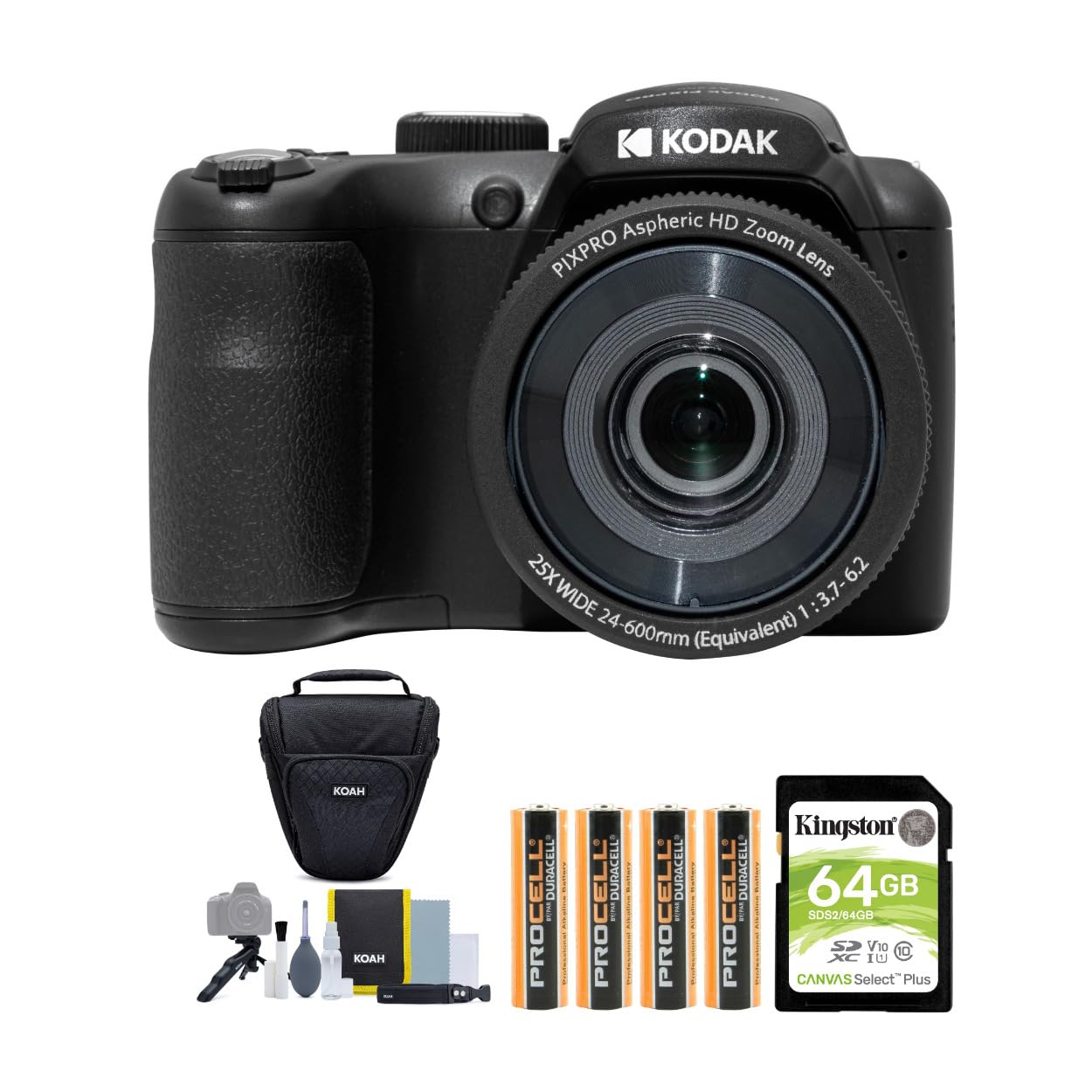 Kodak PIXPRO AZ255 Astro Zoom 16MP Digital Camera (Black) Bundle with 64GB Memory Card, High-Performance Alkaline AA Batteries (4-Pack), Camera Case and Accessory (4 Items)