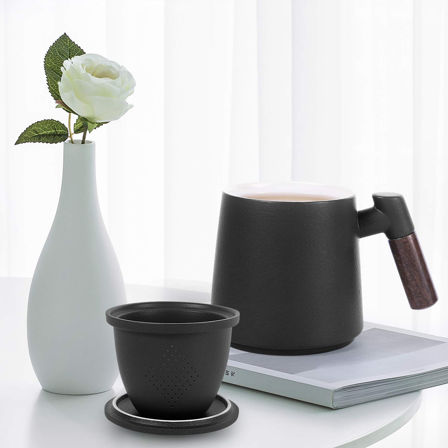 ERBAITM Sandalwood handle Tea Mug,Porcelain Tea Mug with Infuser and Lid,13.5 oz