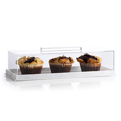 Gold Valley Rectangular Cake Tray, Cake Plate Dish with Lucite Display Cover Lid, Dessert Holder Tray, Cake Stand, White Marbleized Grain Rectangle Cake Platter with Lucite Cover, Pastry Base
