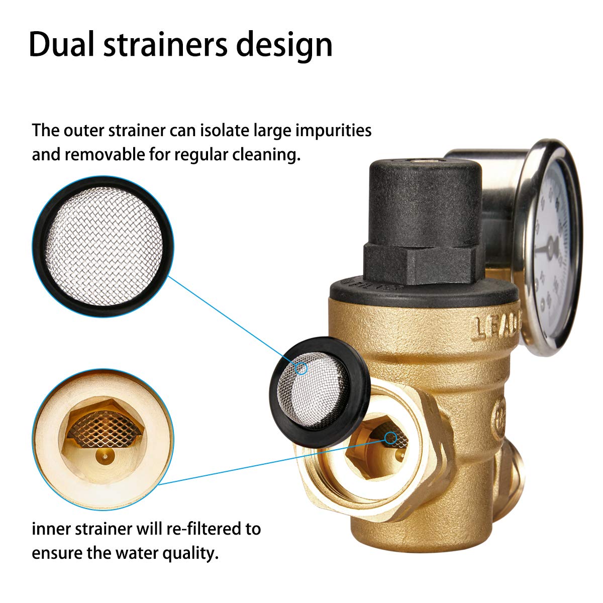Esright Brass Water Pressure Regulator 3/4 Lead-Free with Gauge for RV Camper Adjustable Water Pressure Regulator,Build-in Oil (NH Threads)