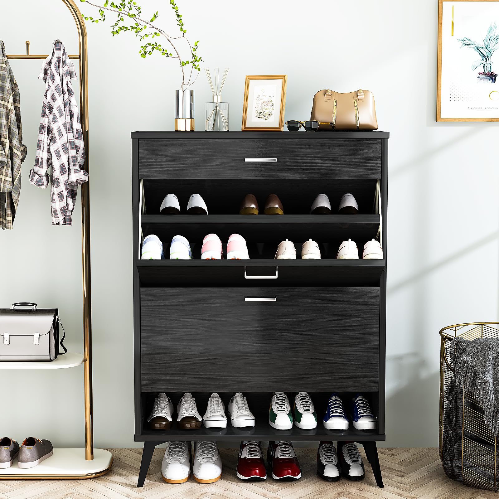 Lamerge Shoe Storage Cabinet for Entryway, Free Standing Shoe Organizer with 2 Flip Drawers,Hidden Shoe Rack Storage Organizer for Doorway Hallway, Black