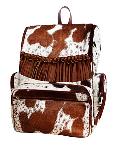LP-FACON Cowhide Hair Print Fur Leather Fringe Diaper Backpack Rucksack/Knapsack Travel Shoulder Bag Brown