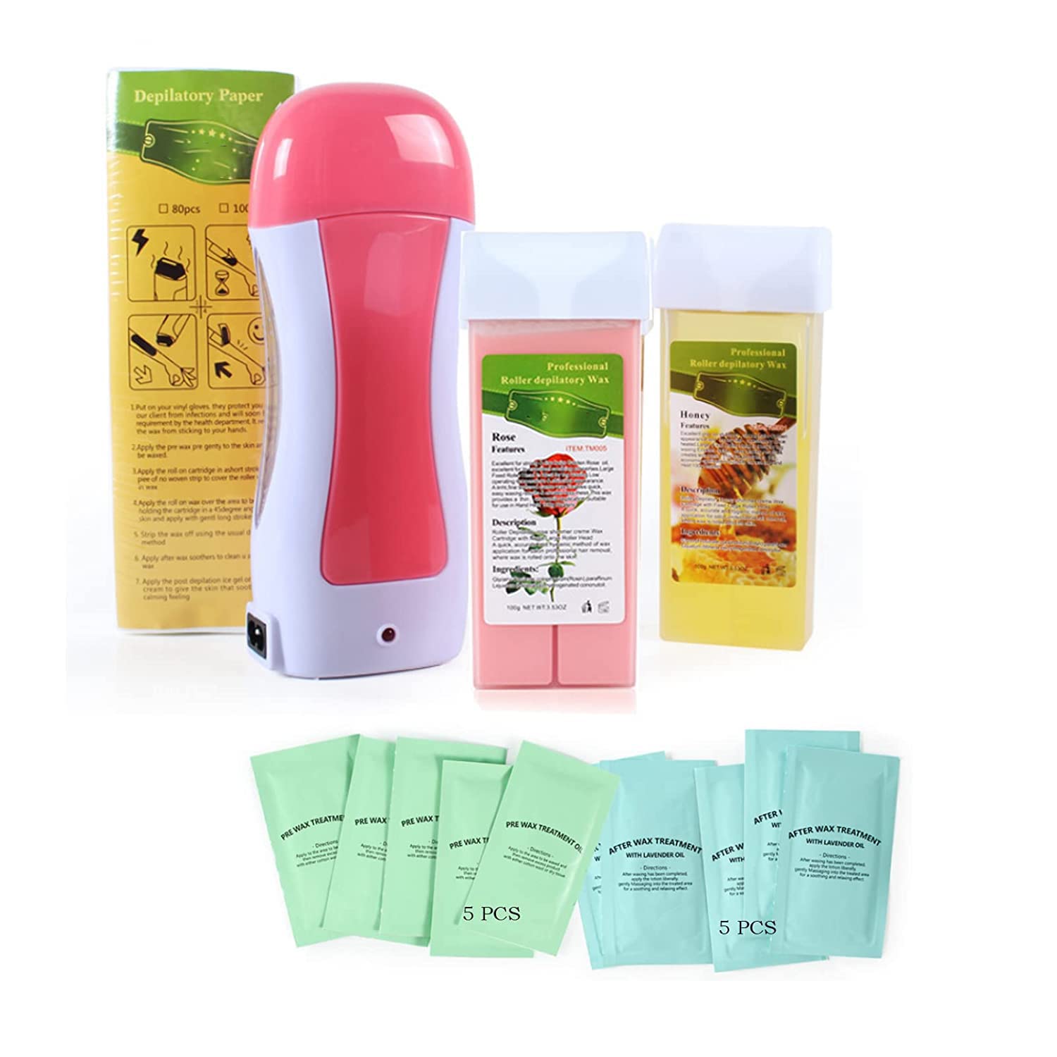 FAECEYER Waxing Kit for Hair Removal, Wax Kit, Roll On Wax Warmer Machine with 2 Wax Refill Cartridges, 100 Wax Strips, 10 Treatment Oil Papers, Portable Design for All Body Parts