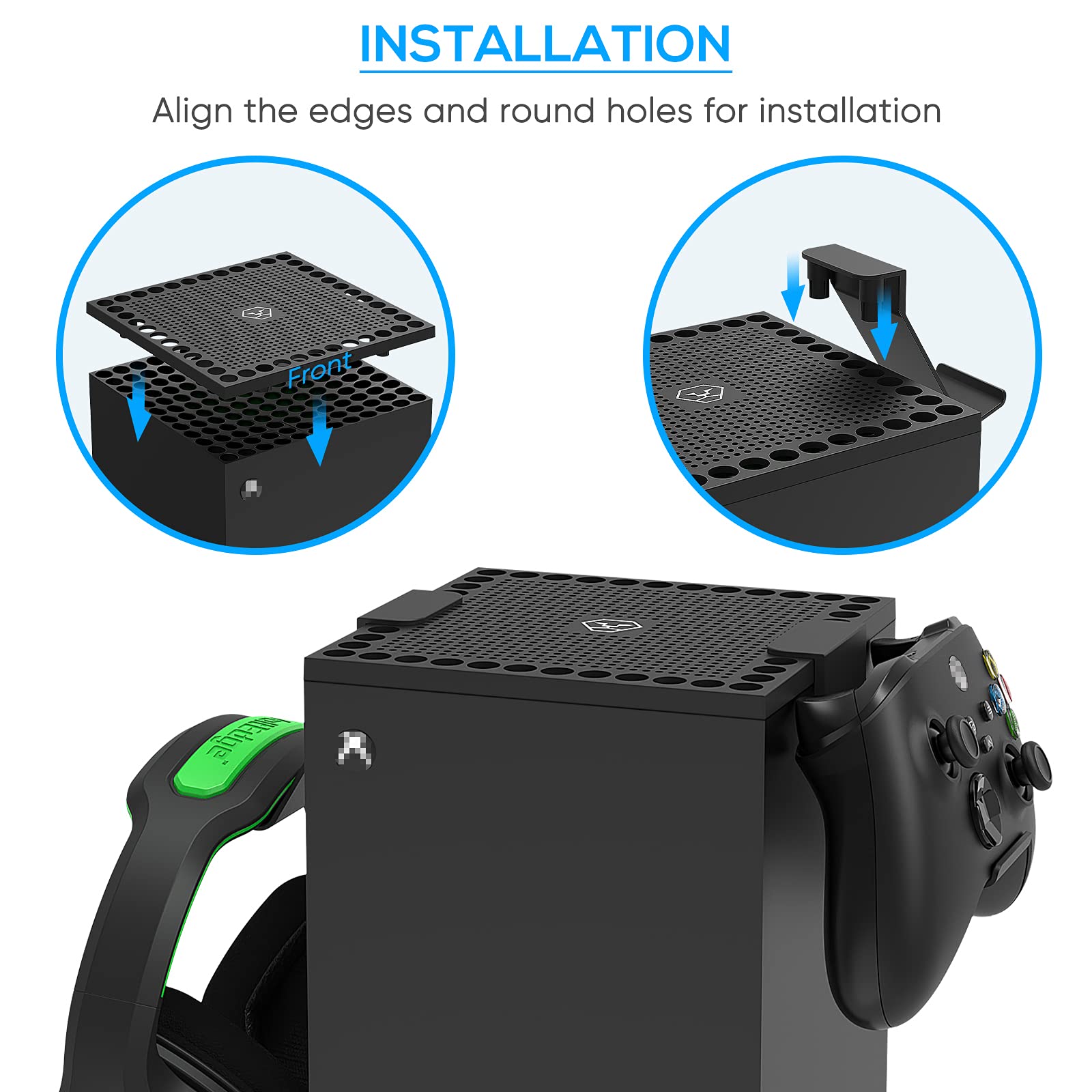Dust Cover for Xbox Series X Console with 2 Controller/Headset Mount, Dust Mesh Cooler Filter Cover Gaming Controller Mount Stand Headset Hanger Hook for Xbox Series X